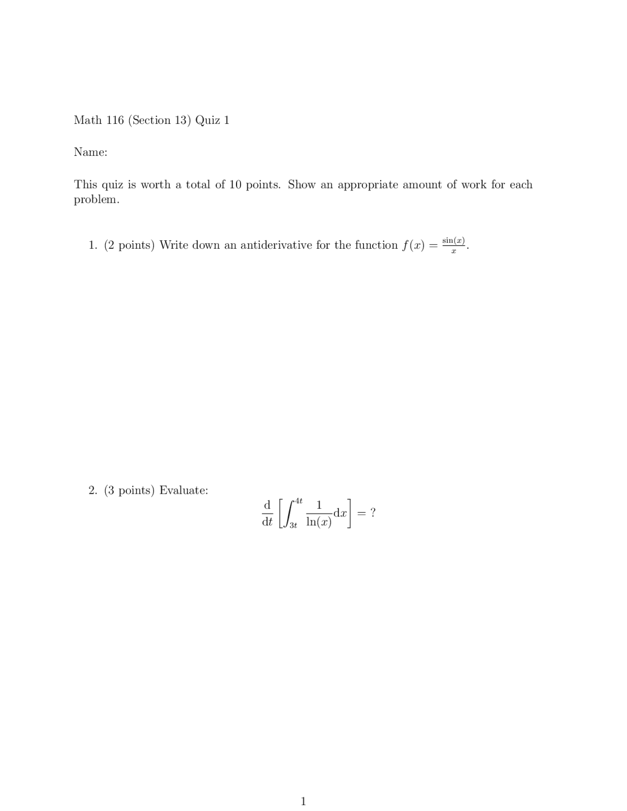 3 Questions For Practice Quiz 1 Calculus Ii Math 116 Docsity
