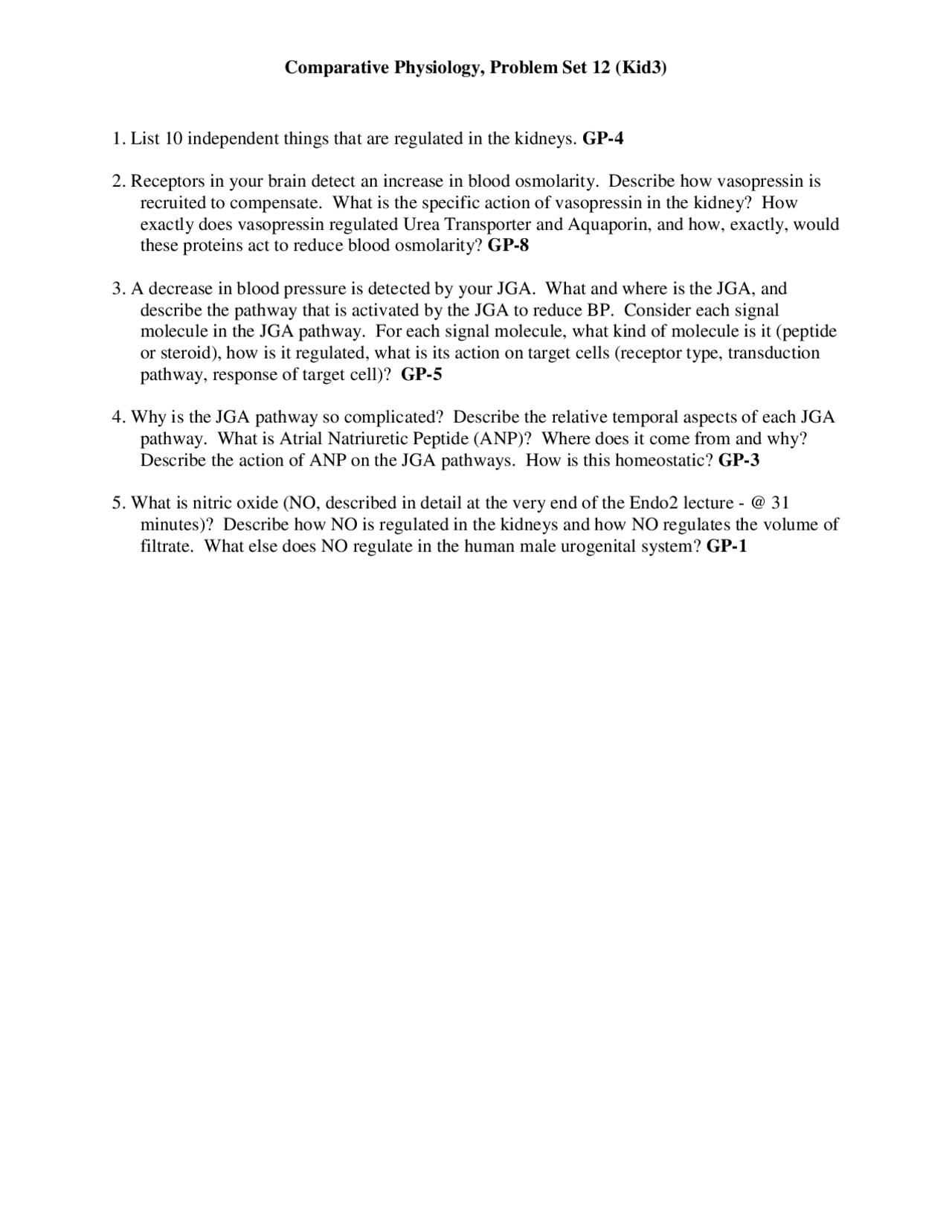 Problem Set 12 5 Questions On Comparative Physiology Biol 543