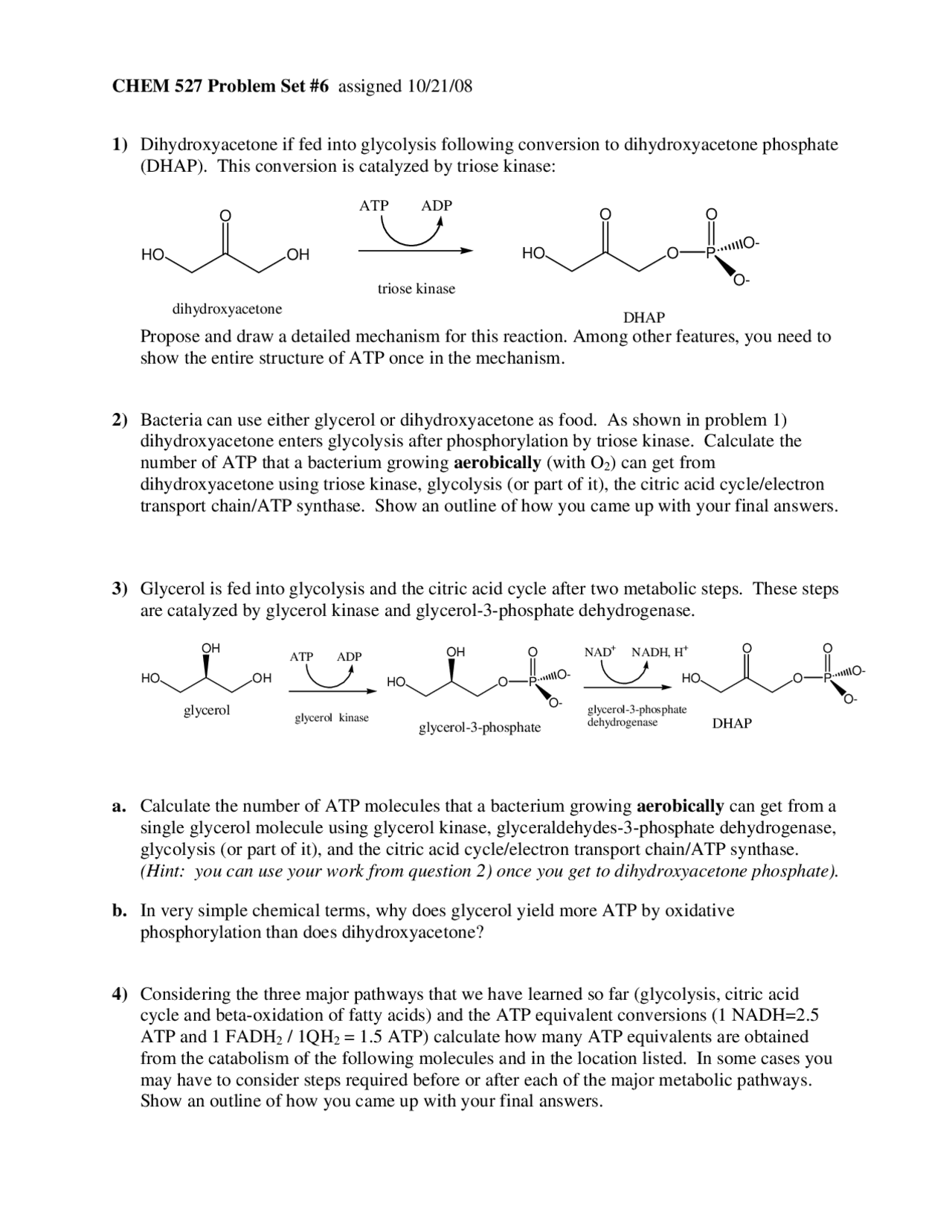 Introductory Biochemistry Problem Set 6 Chem 527 Docsity