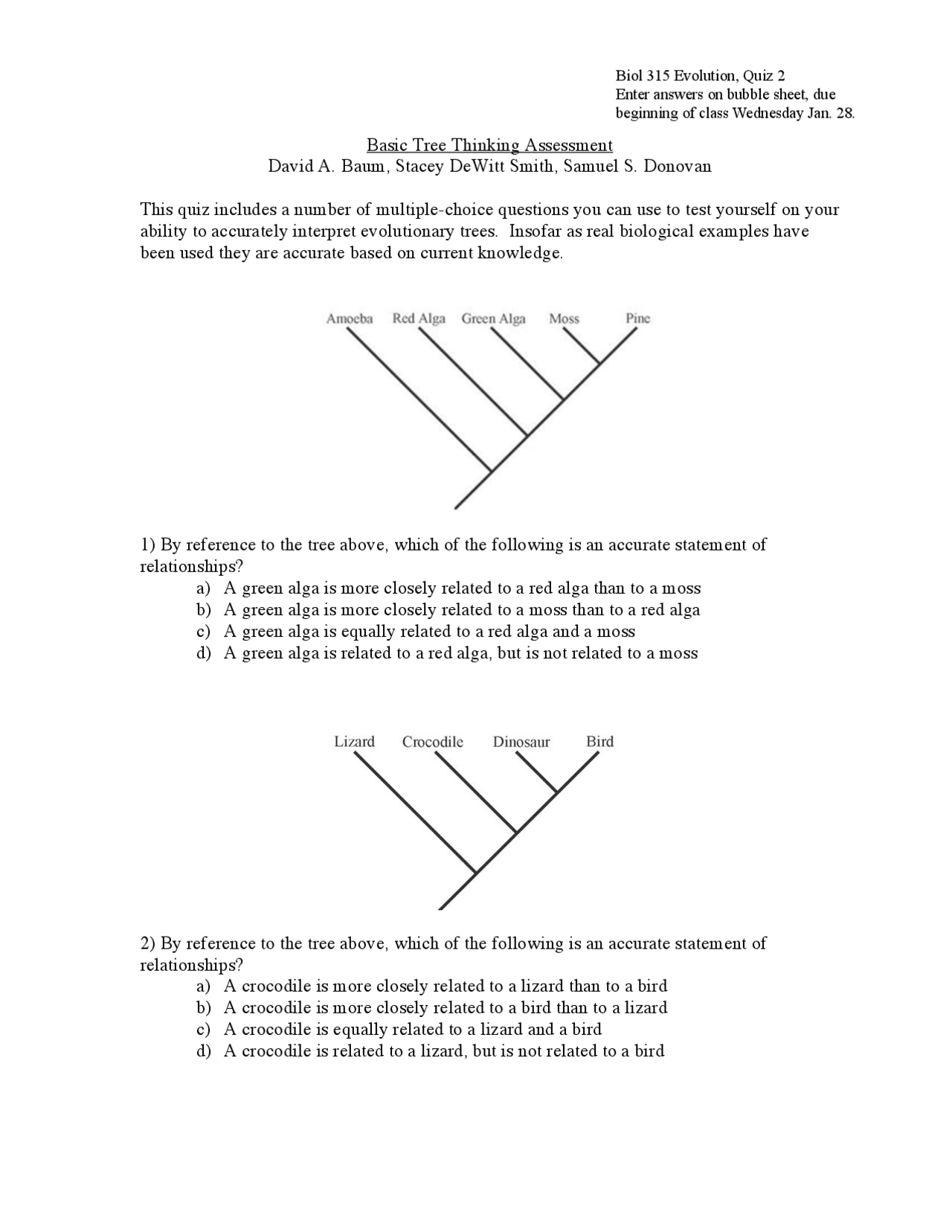 Basic Tree Thinking Assessment Biological Evolution Quiz 4 Biol