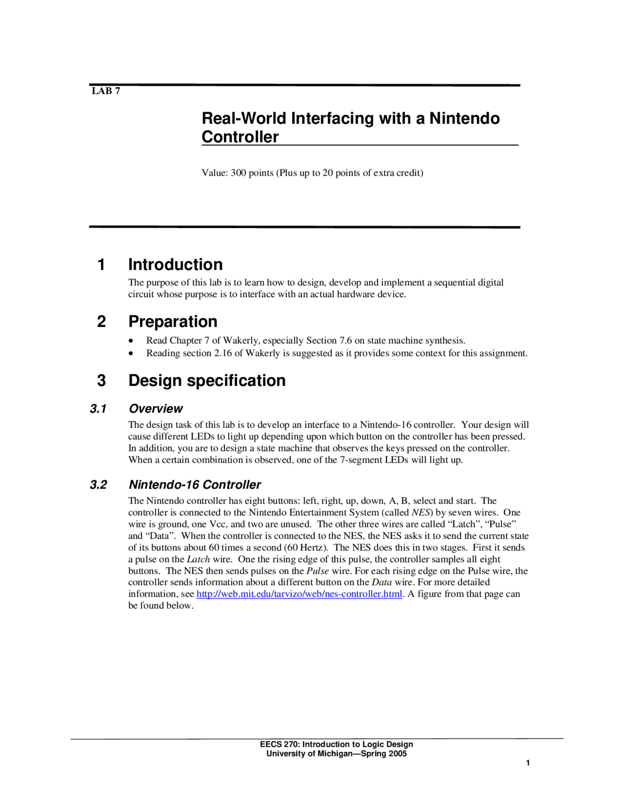 Real World Interfacing With A Nintendo Controller Lab 7 Eecs 270 Docsity