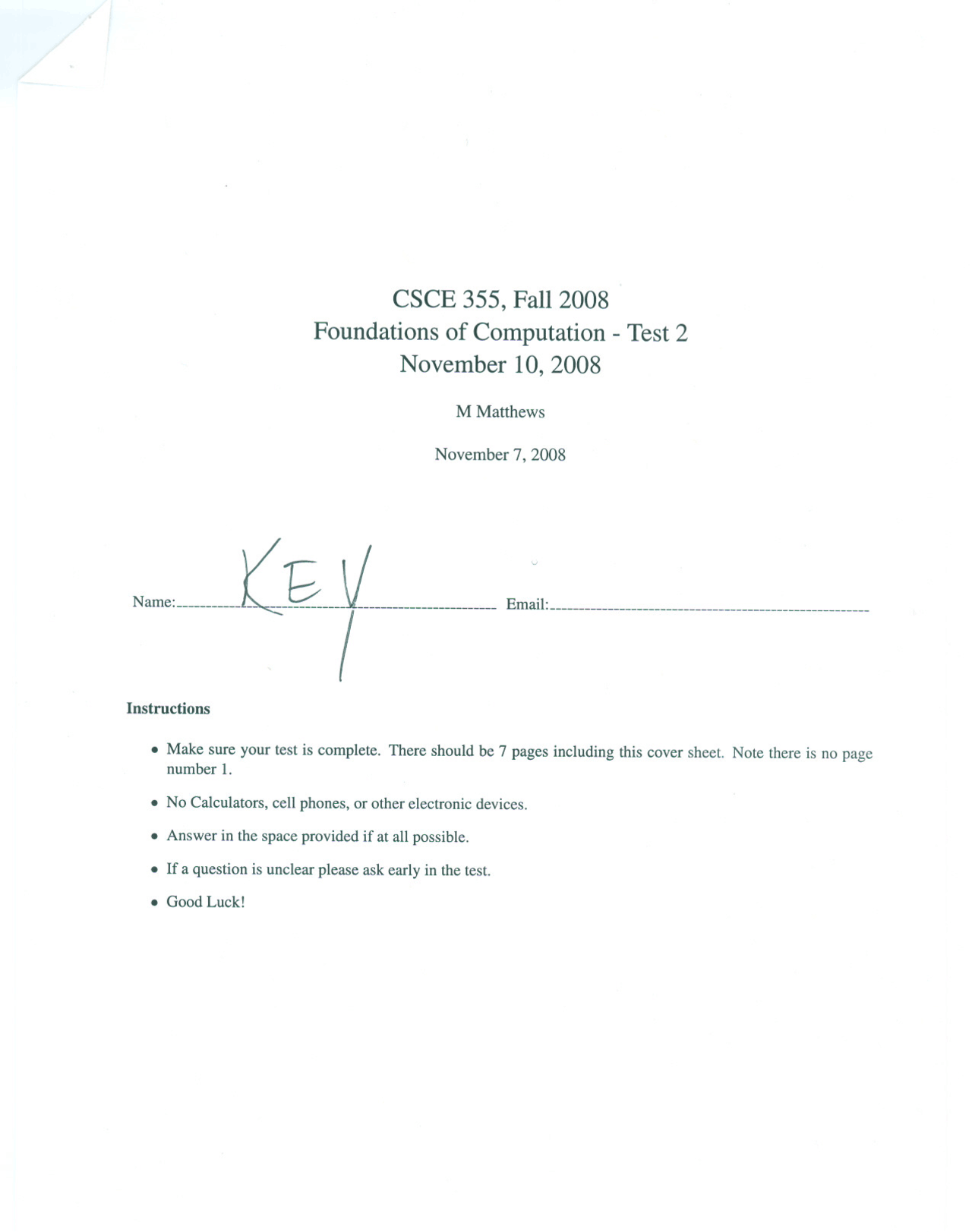 Exam 2 With Solutions For Foundations Of Computation Csce 355 Exams Computer Science Docsity