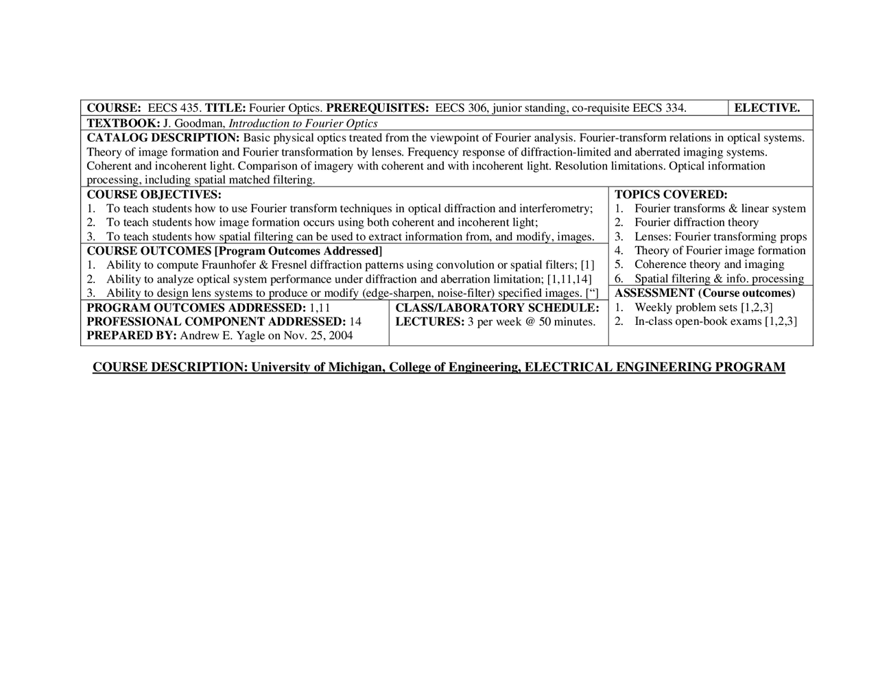 Introduction To Fourier Optics In Physics Syllabus Eecs 334 Docsity