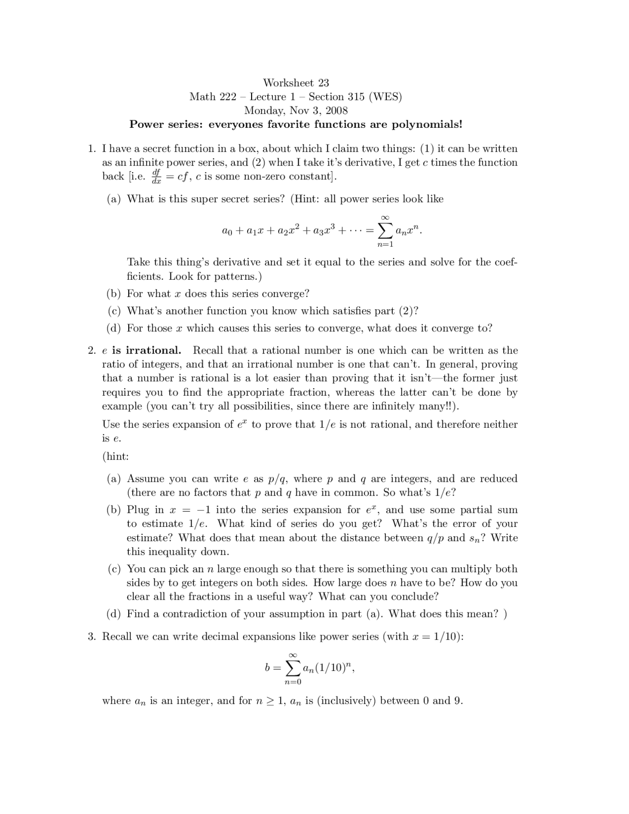 Power Series Everyones Favorite Functions Are Polynomials Math 222