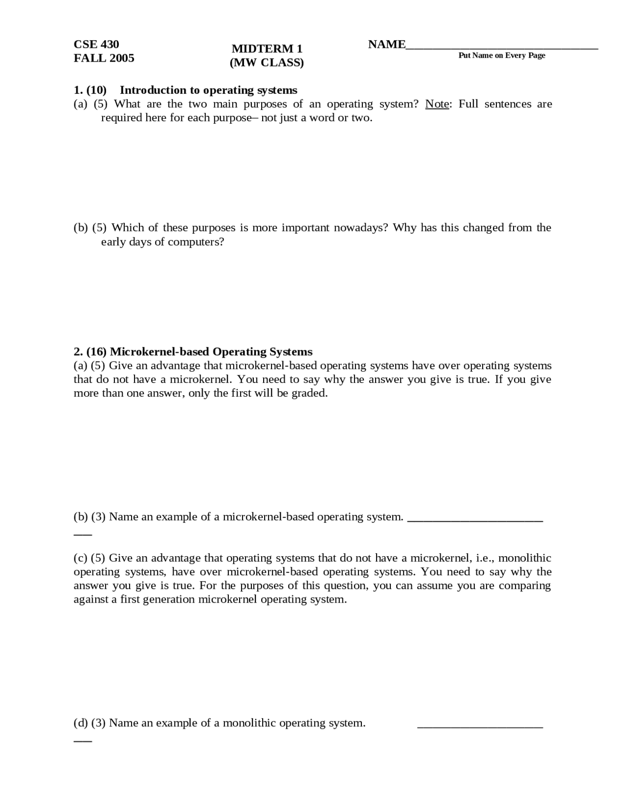 Introduction To Operating Systems Midterm Exam 1 Problems Cse 430