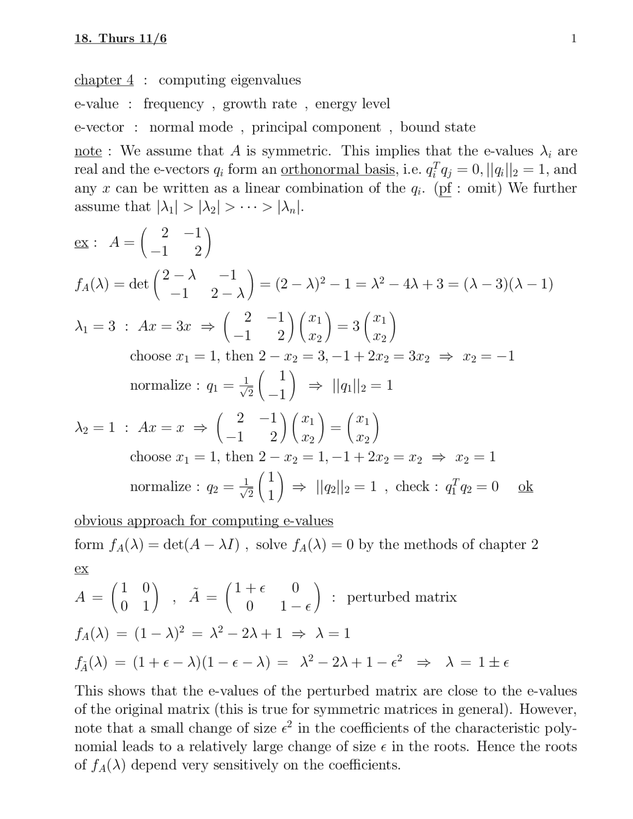 Computing Eigenvalues Lecture Notes Math 371 Docsity