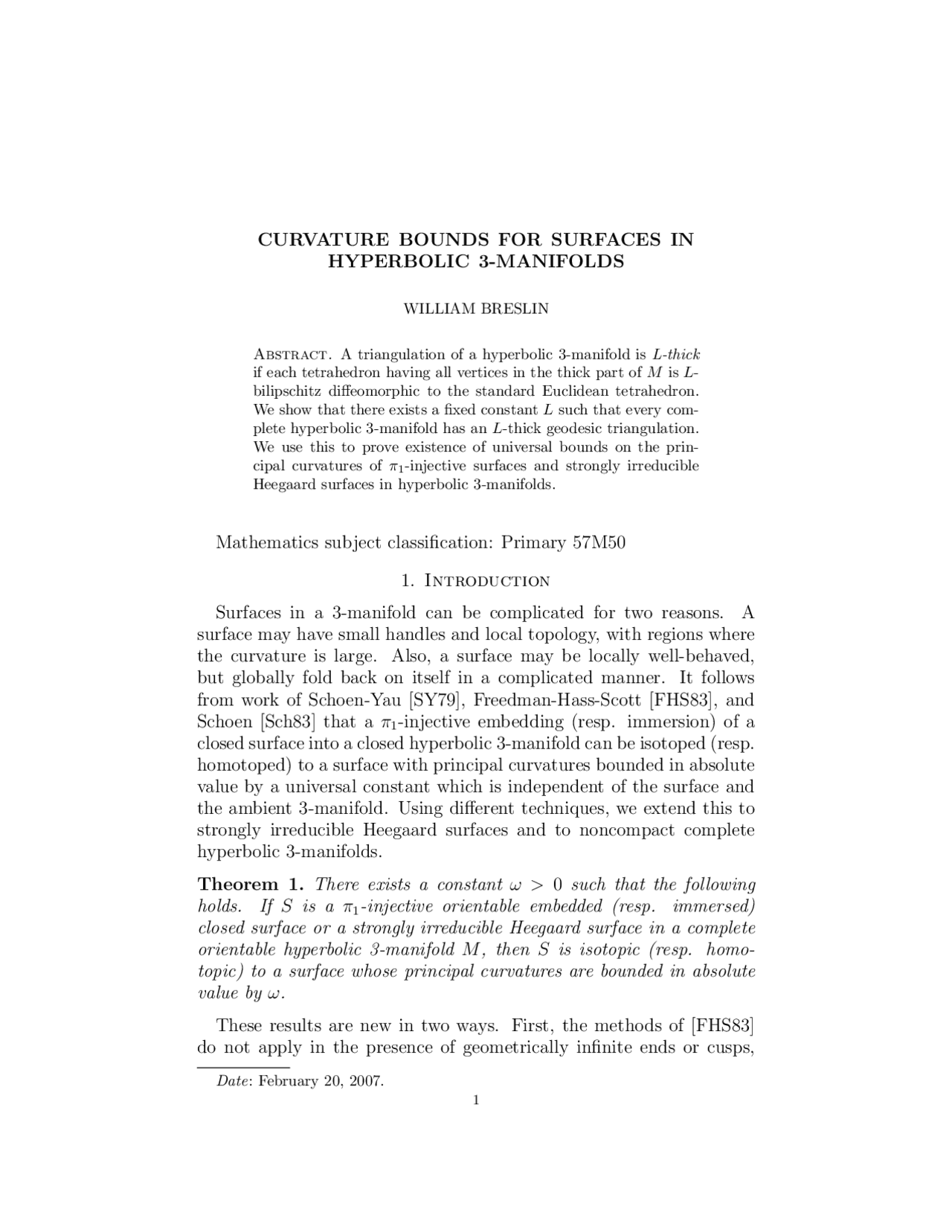 Curvature Bounds For Surfaces In Hyperbolic 3 Manifolds Paper Math