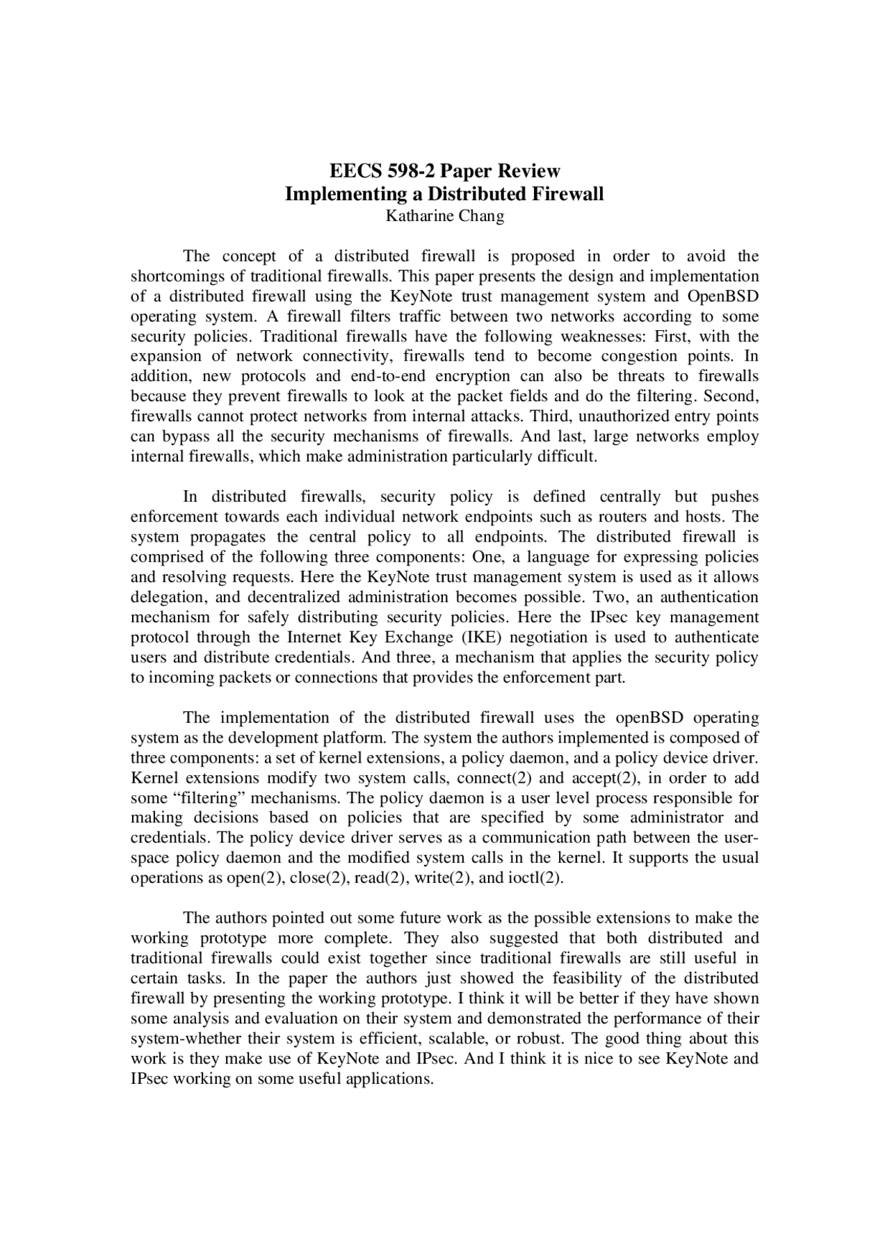 Paper Review: Implementing a Distributed Firewall | EECS 598 - Docsity