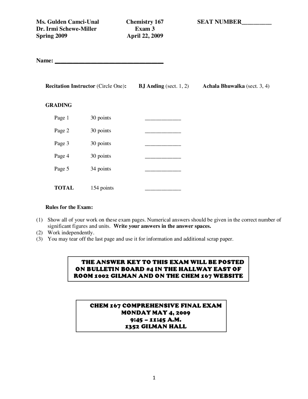 General Chemistry Comprehensive Final Exam | CHEM 167 - Docsity