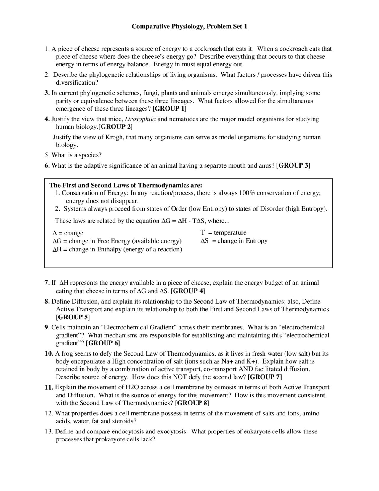 13 Questions On Comparative Physiology Problem Set 1 Biol 543 Docsity