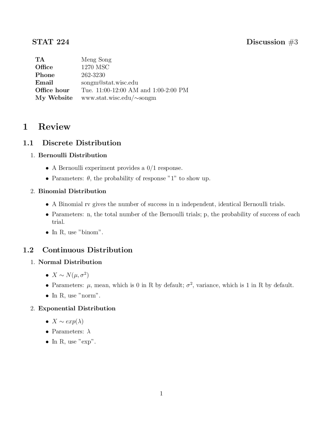 Review Sheet For Continuous And Discrete Distribution Stat 224 Docsity
