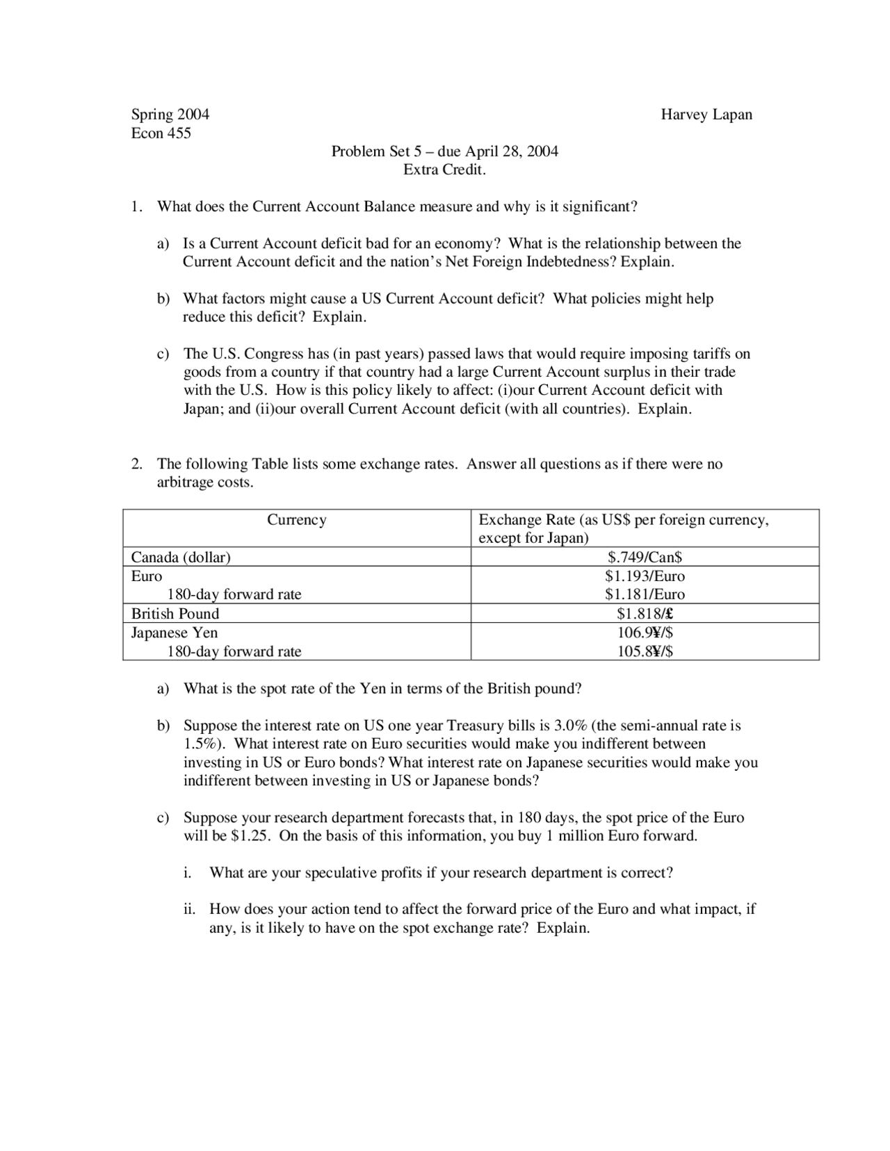International Trade Problem Set 5 Econ 455 Docsity