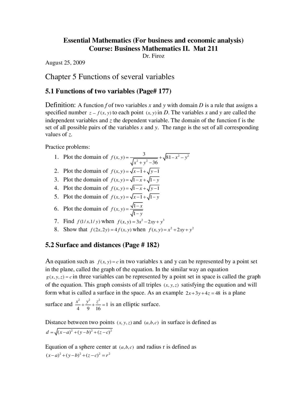 Functions Of Several Variables Math For Business Analysis Mat 211