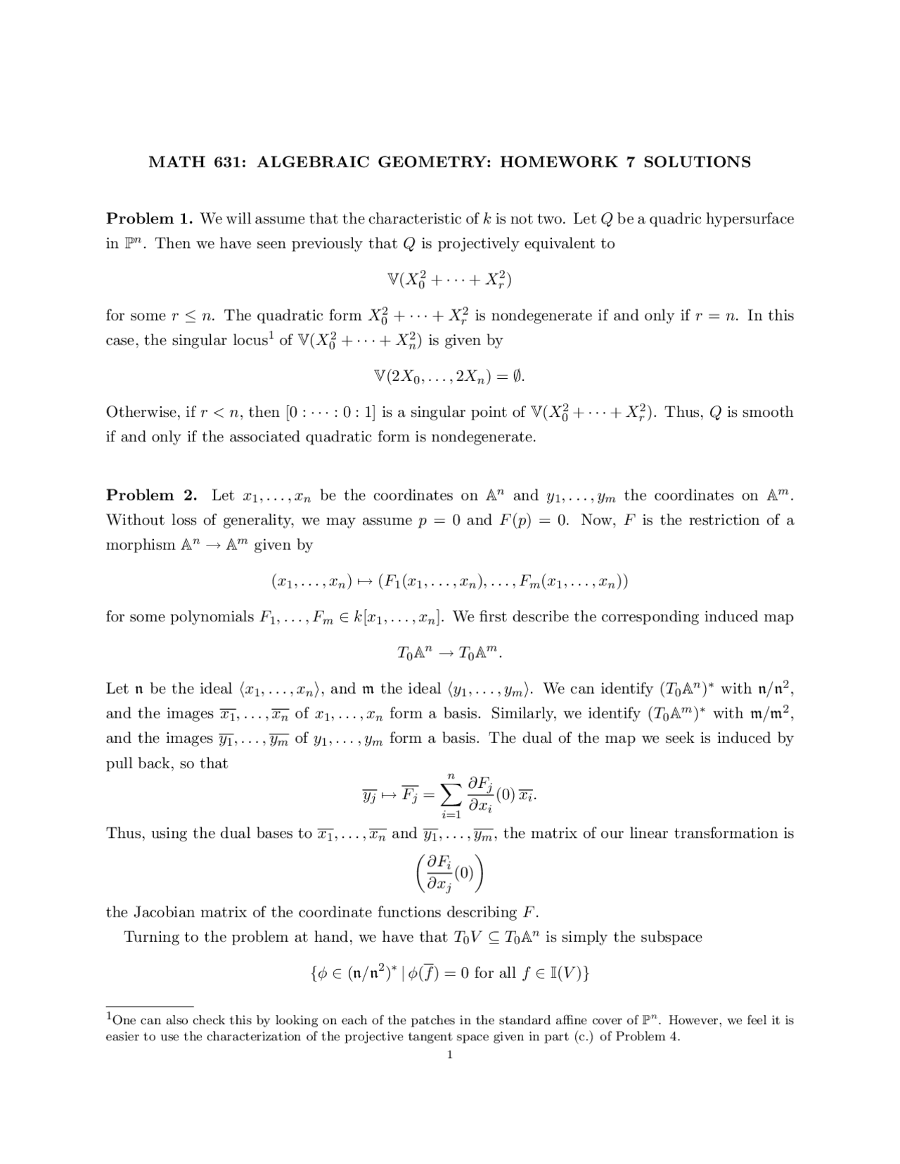 Homework 7 With Solutions Algebraic Geometry I Math 631 Docsity