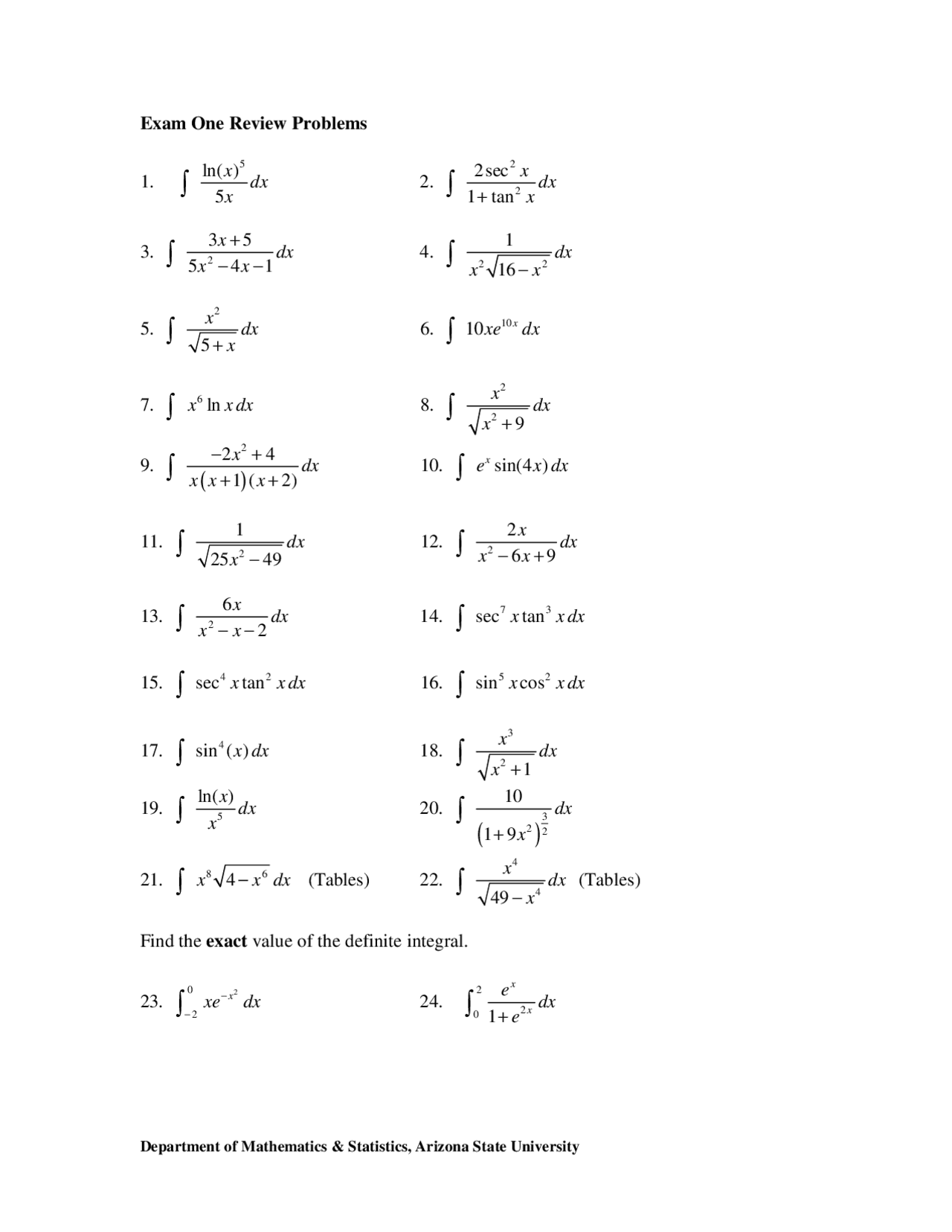 Calculus For Engineers I Exam 1 Review Problems With Solutions Mat