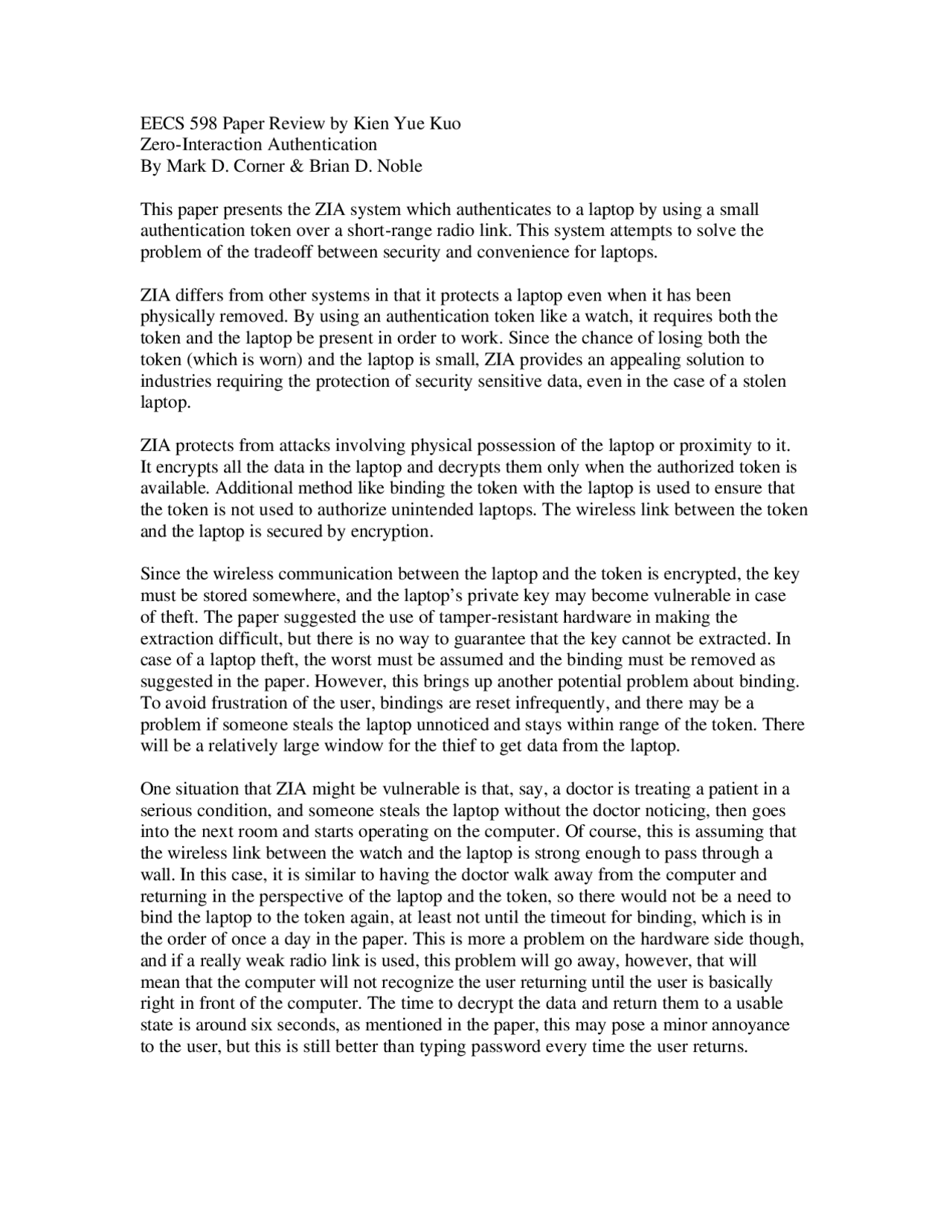 Review Sheet For Zero Interaction Authentication Eecs 598 Docsity