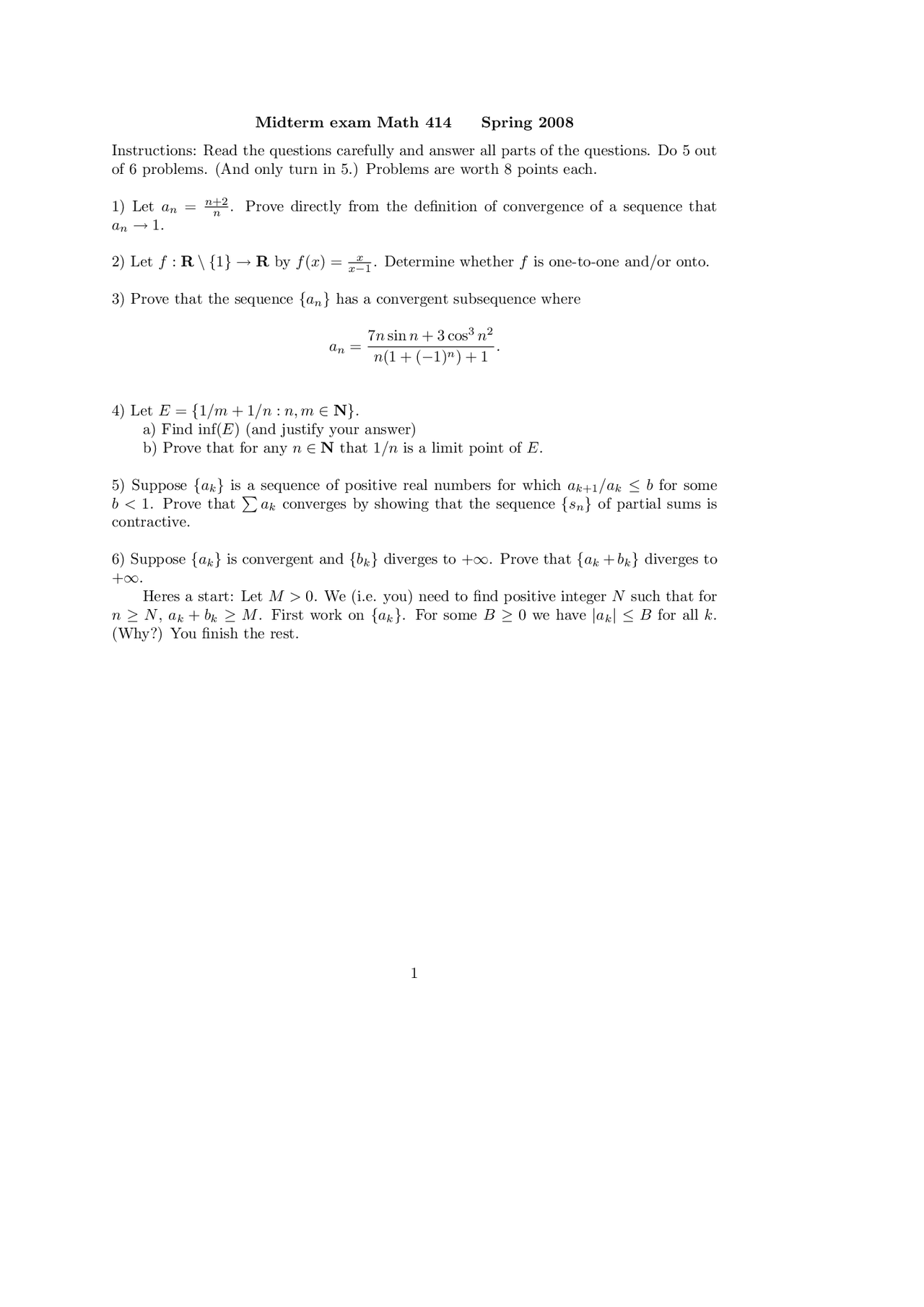 6 Questions On Analysis I Midterm Exam Math 414 Docsity