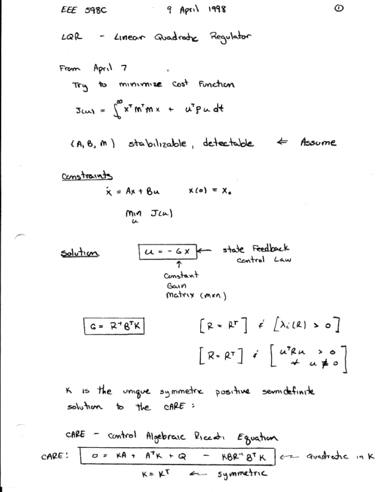 Handwritten Notes On Linear Quadratic Regulation Eee 598 Docsity