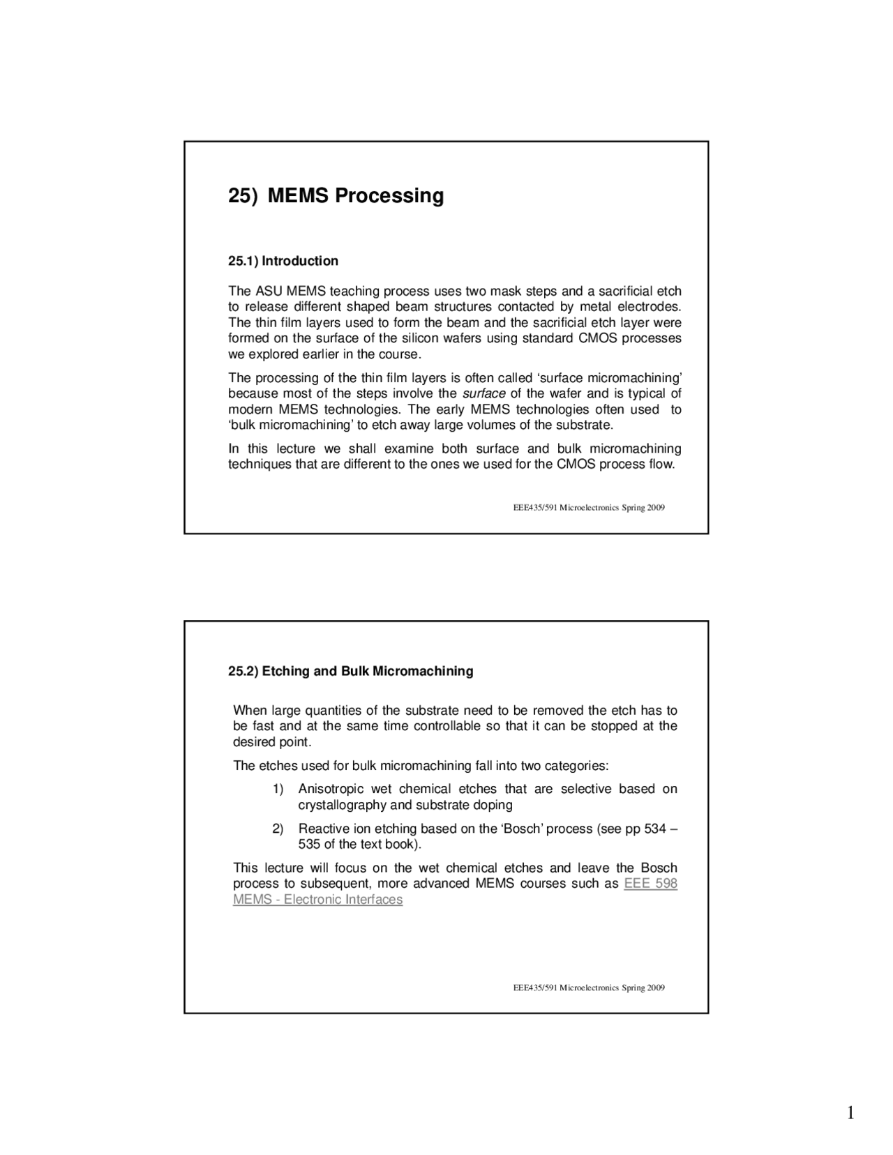 Mems Processing Fundamentals Of Cmos And Mems Eee 435 Docsity