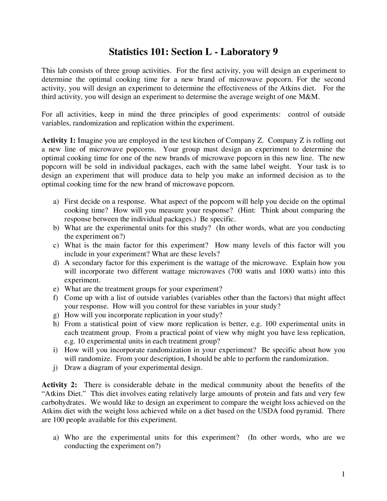 Laboratory 9 For Principles Of Statistics Stat 101 Docsity