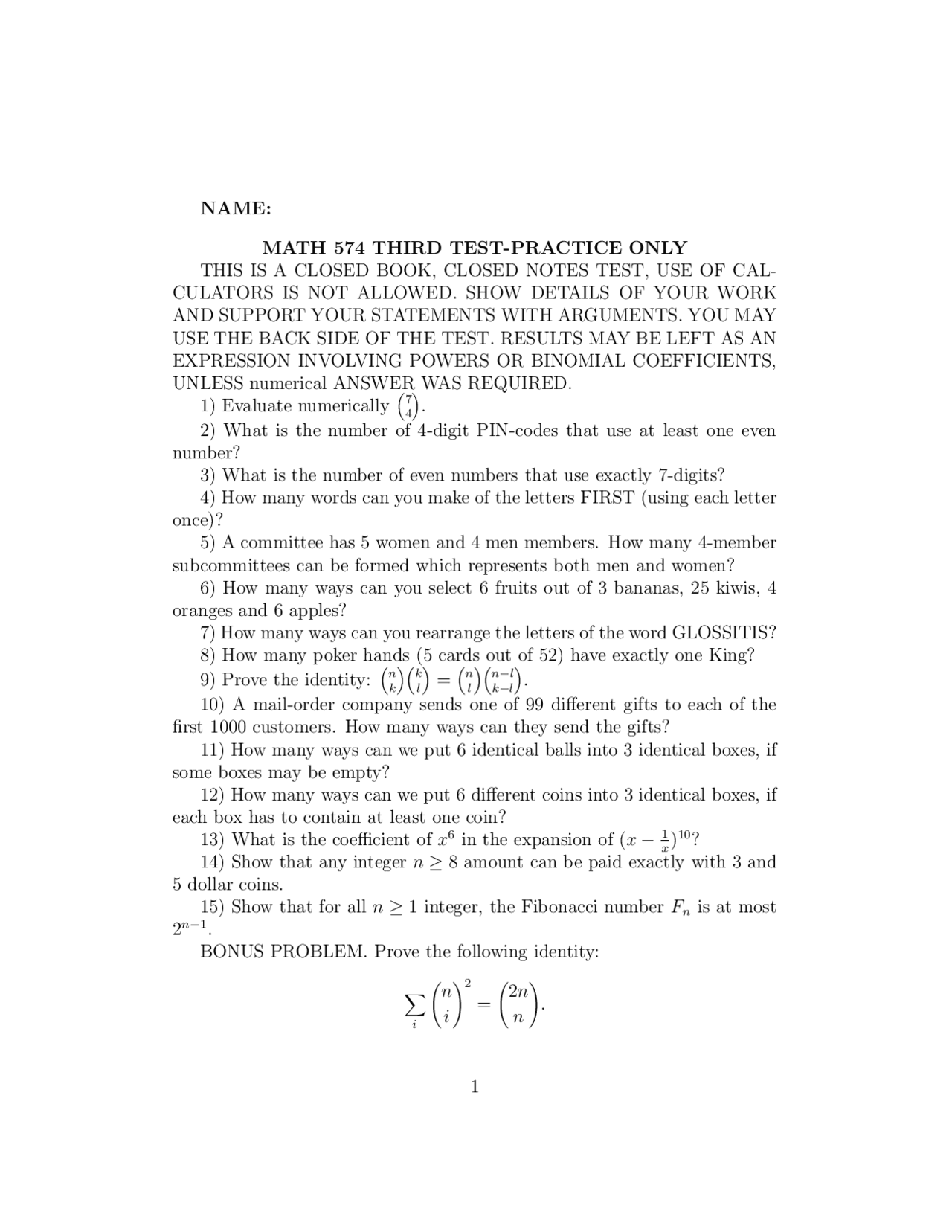Questions For Practice Test 3 Discrete Mathematics I Math 574 Docsity