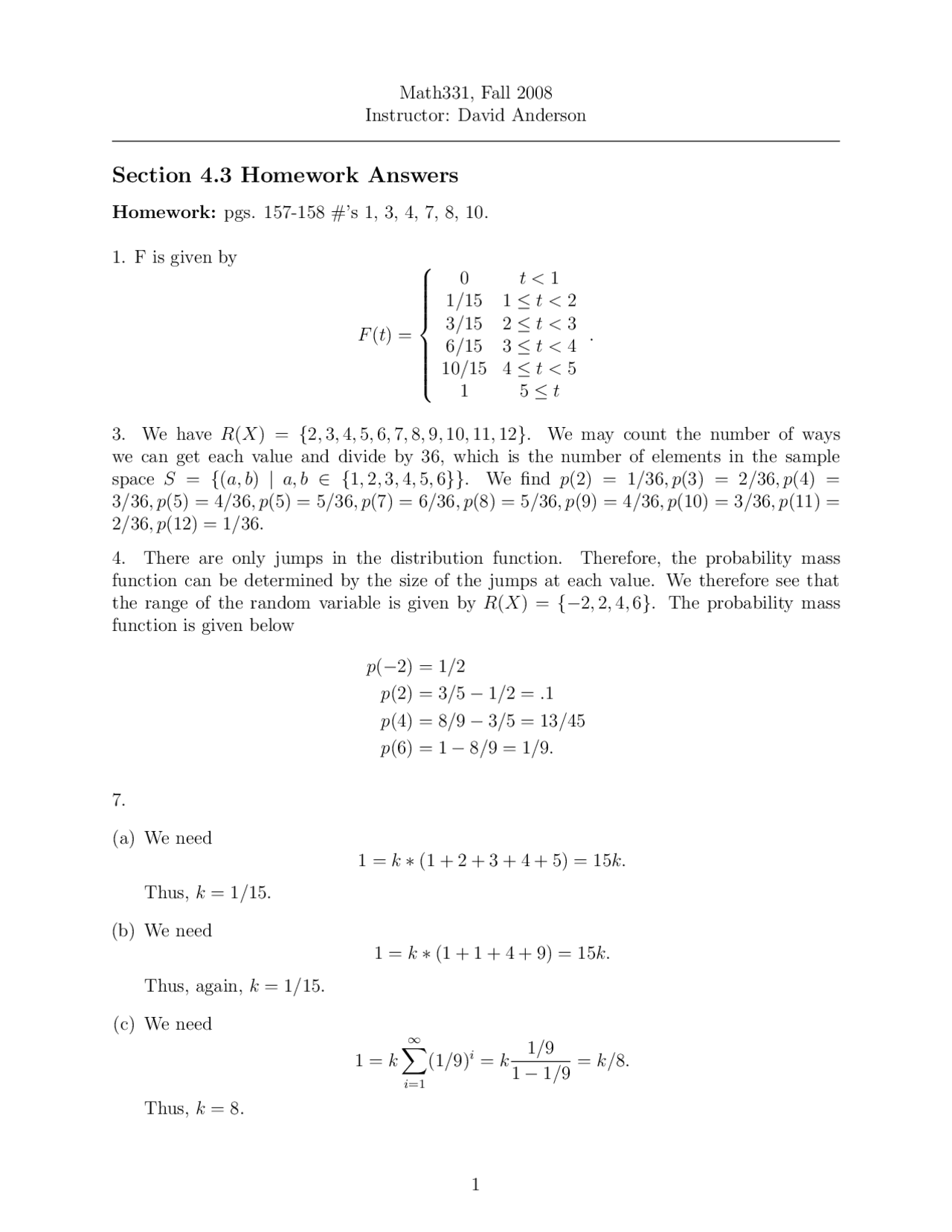 Probability and Markov Chain Models - Homework with Solutions | MATH 331 - Docsity