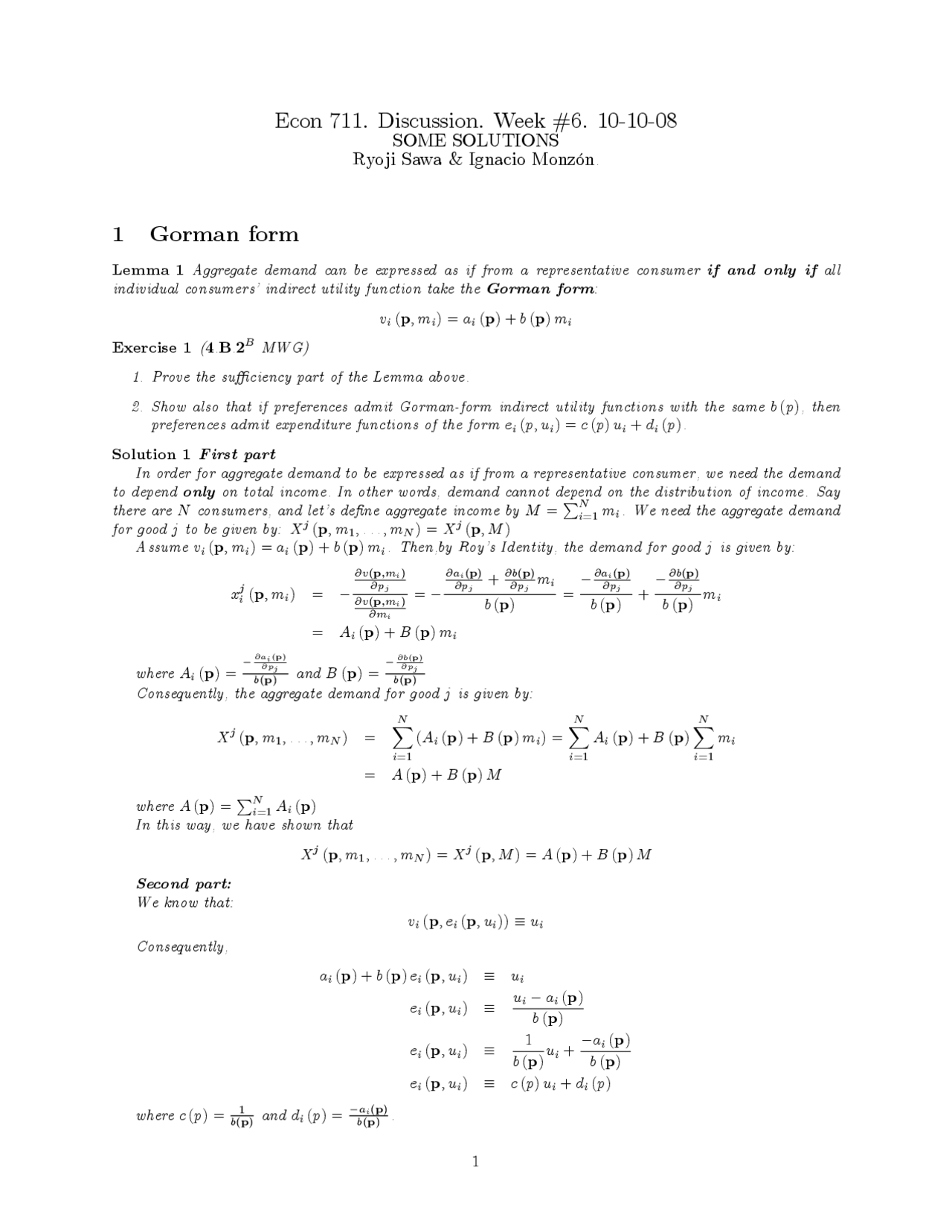 Gorman Form Lemma Some Solved Question Econ 711 Docsity