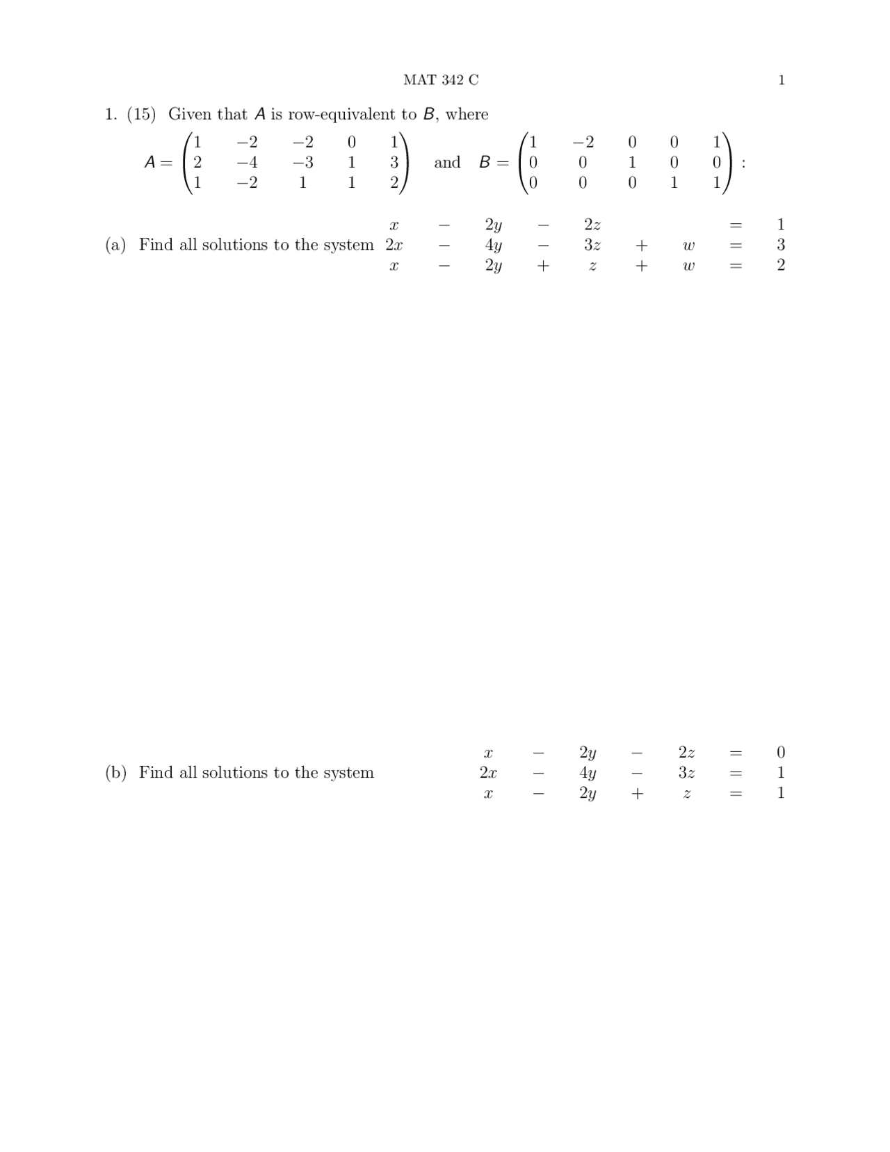 Practice Final Exam Linear Algebra Mat 342 Docsity