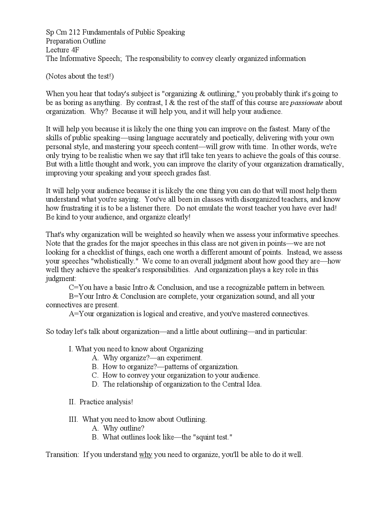 Preparation Outline for Fundamentals of Public Speaking | SP CM 212 ...