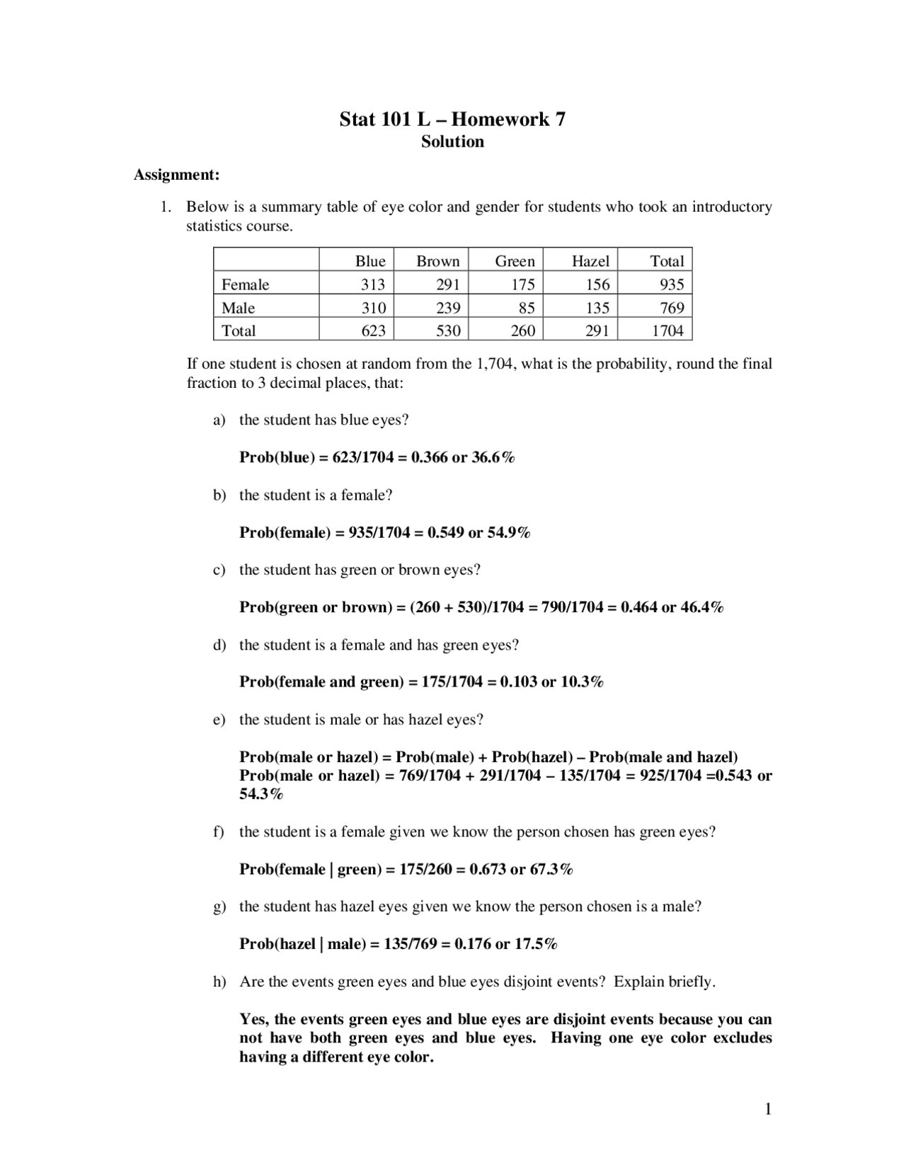 Principles of Statistics - Homework 7 with Solutions | STAT 101 - Docsity