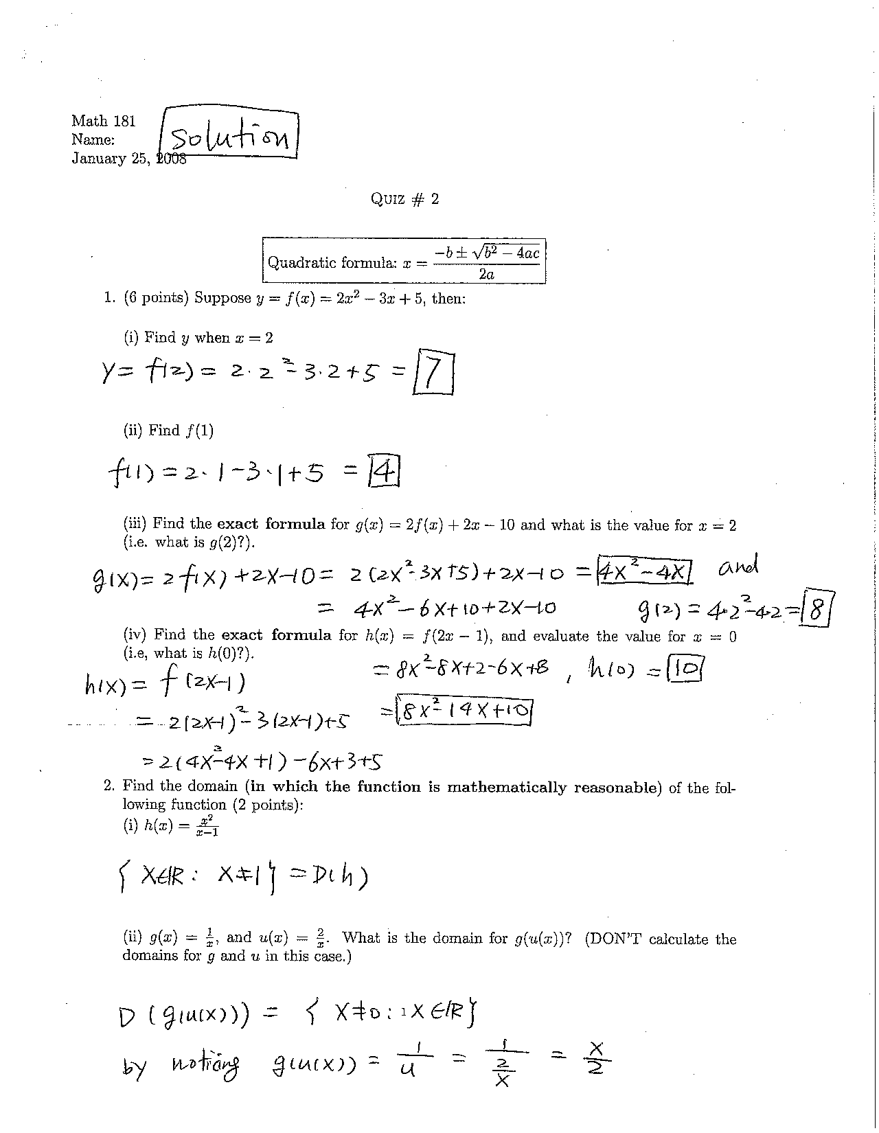 Solutions To Quiz 2 Life Science Calculus And Model I Math 181