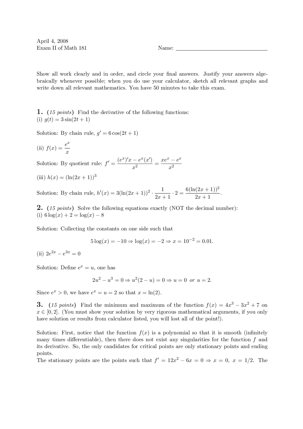 Exam 2 Questions With Solutions Life Science Calculus Math 181
