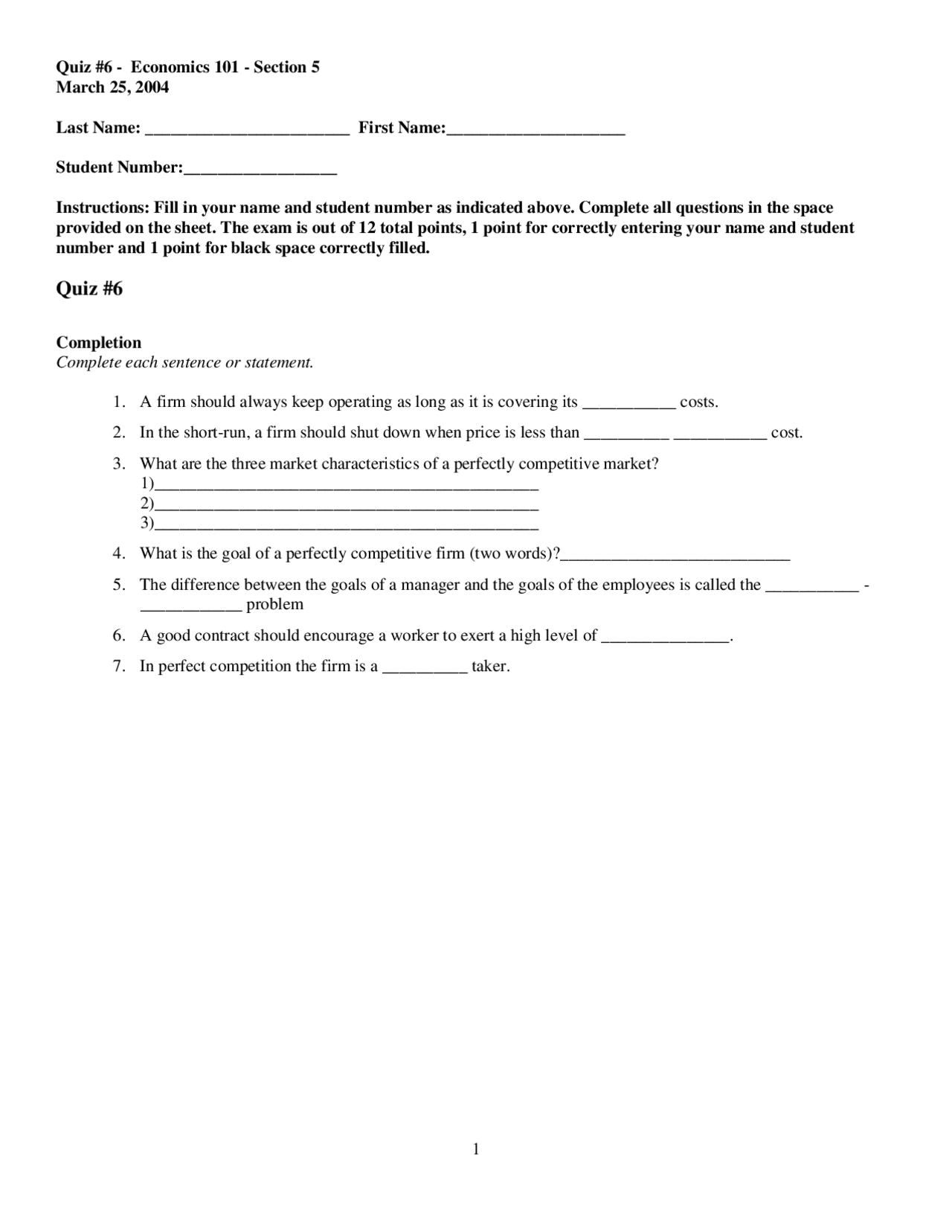 Quiz 6 With Solution Key Principles Of Microeconomics Econ 101