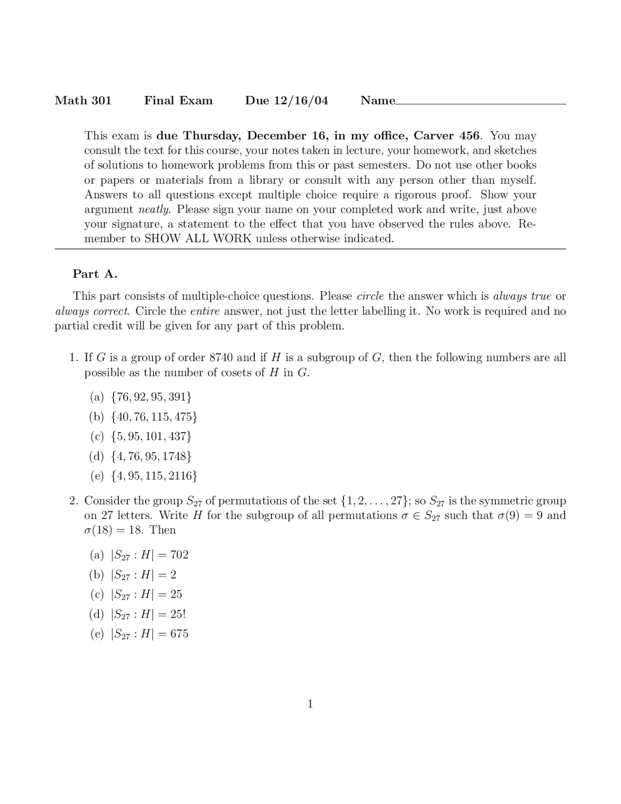 10 Solved Problems On Permutations Of Sets Final Exam Math 301