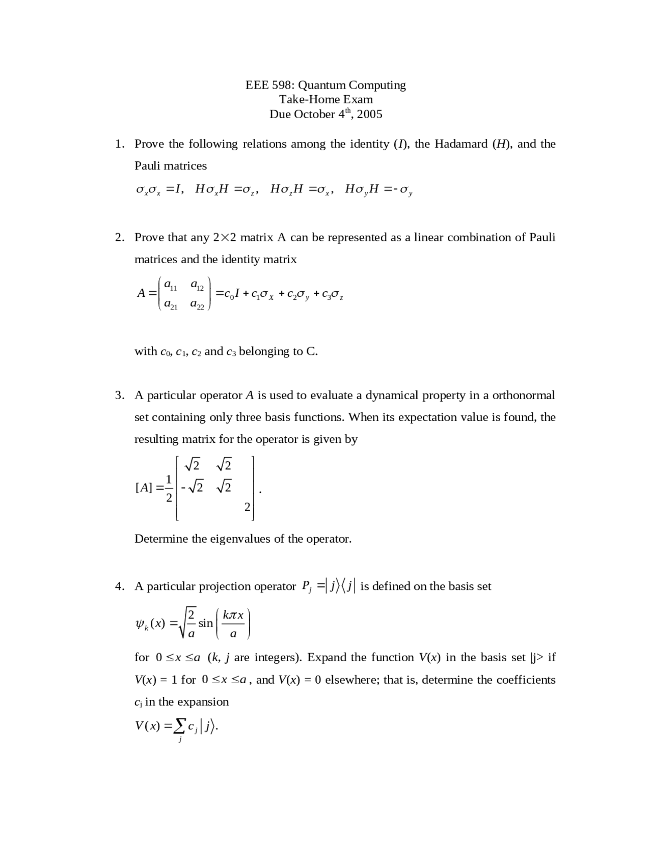 9 Questions On Quantum Computing Exam Eee 598 Docsity