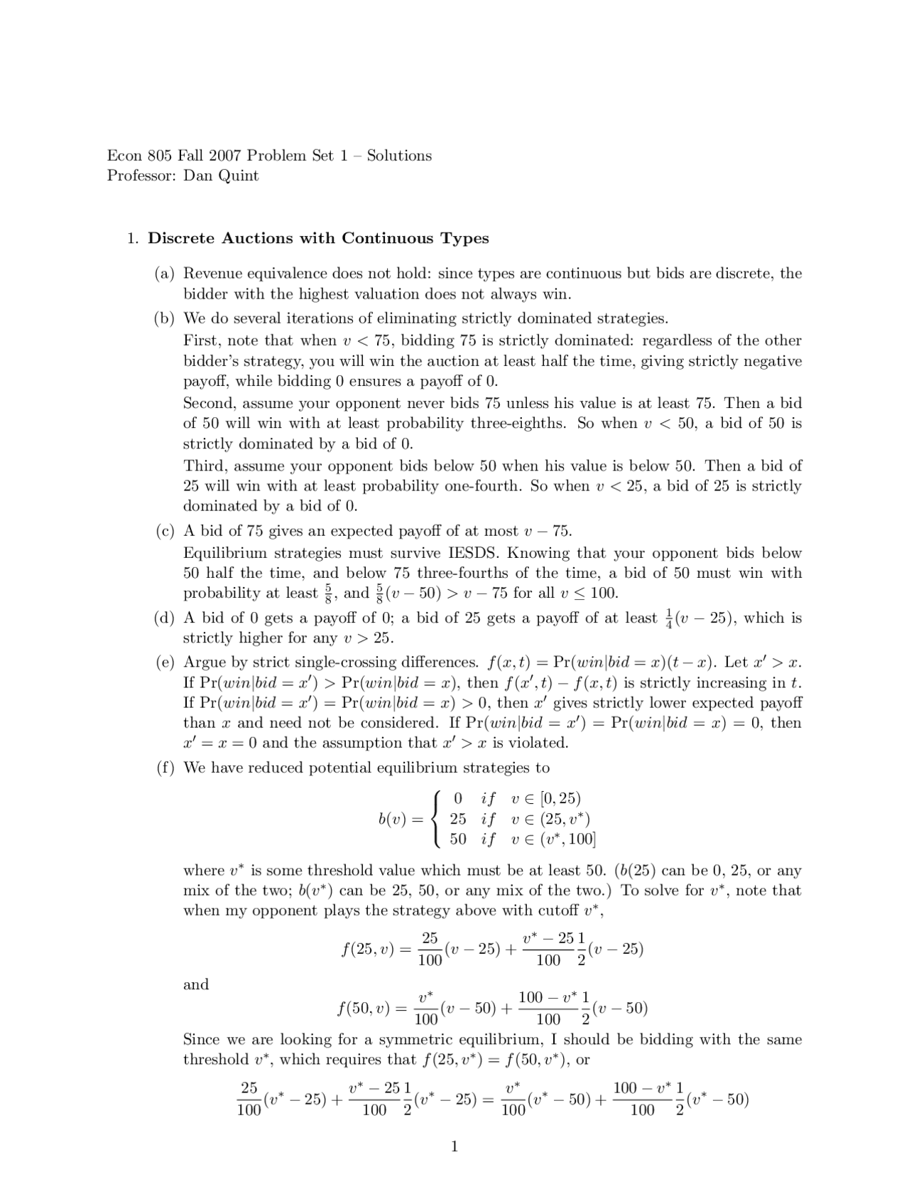 Problem Set 1 Solutions Advanced Microeconomic Theory I Econ 805 Docsity