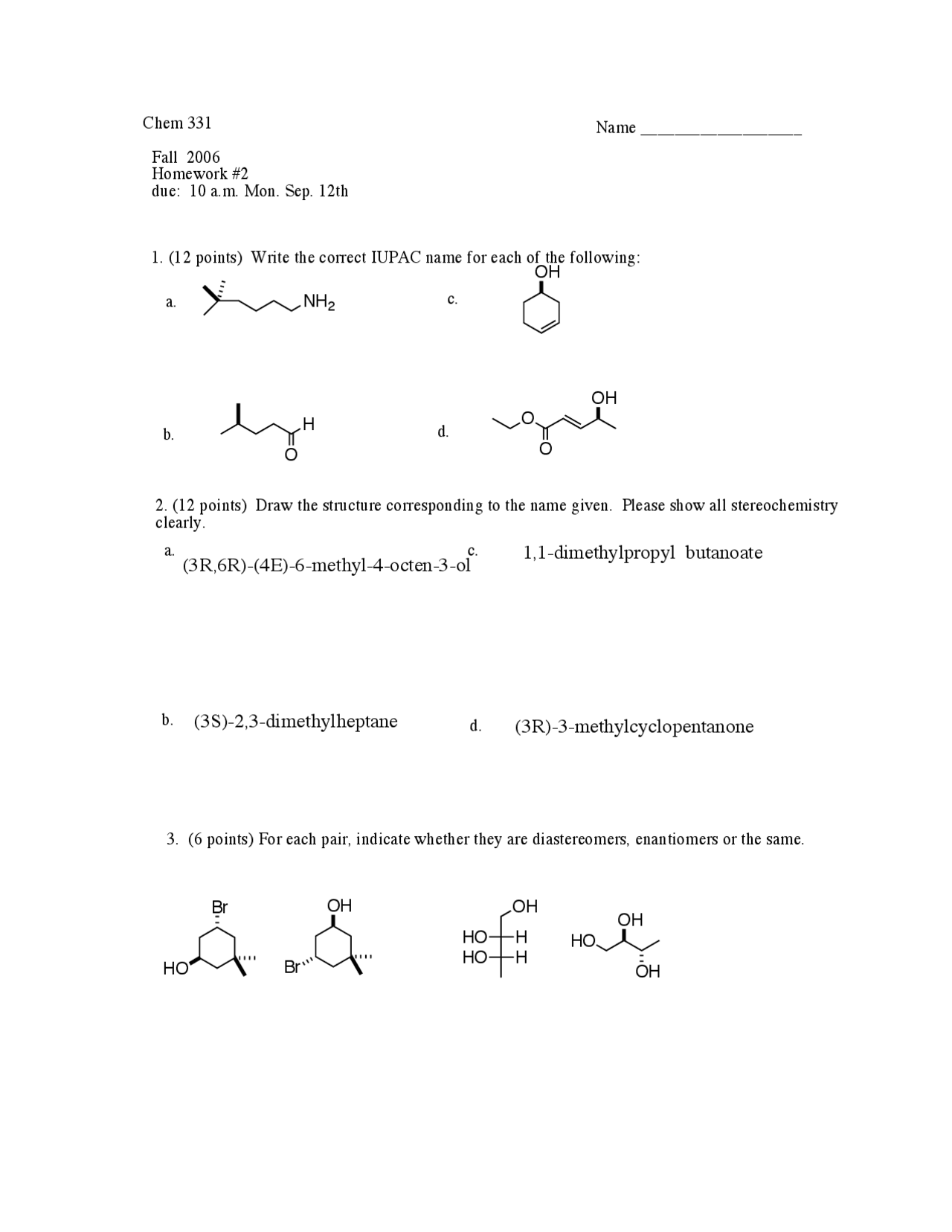 Organic Chemistry - Homework 2 | CHEM 331 - Docsity