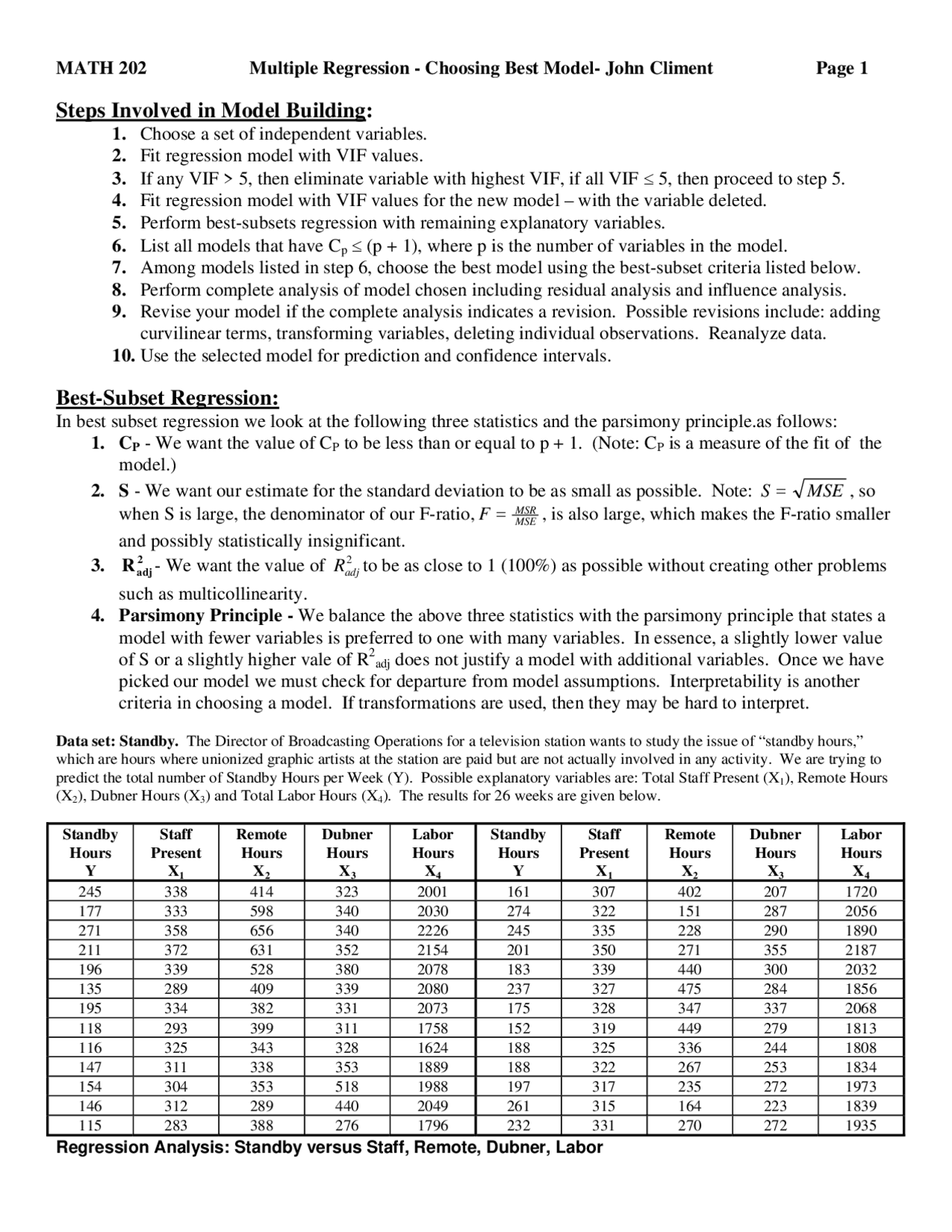 Multiple Regression-Choosing Best Model | MATH 202 - Docsity