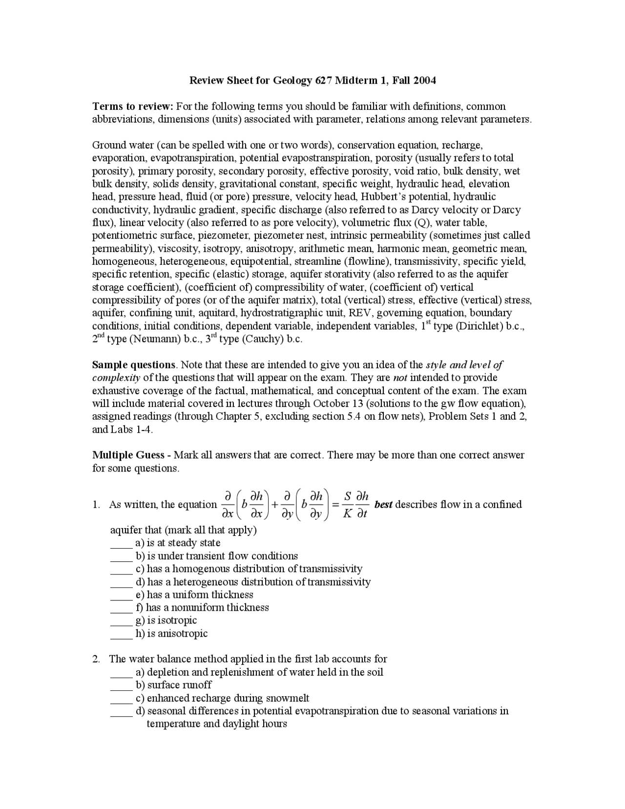 Hydrogeology Midterm Review Sheet 2004 Geosci 627 Docsity