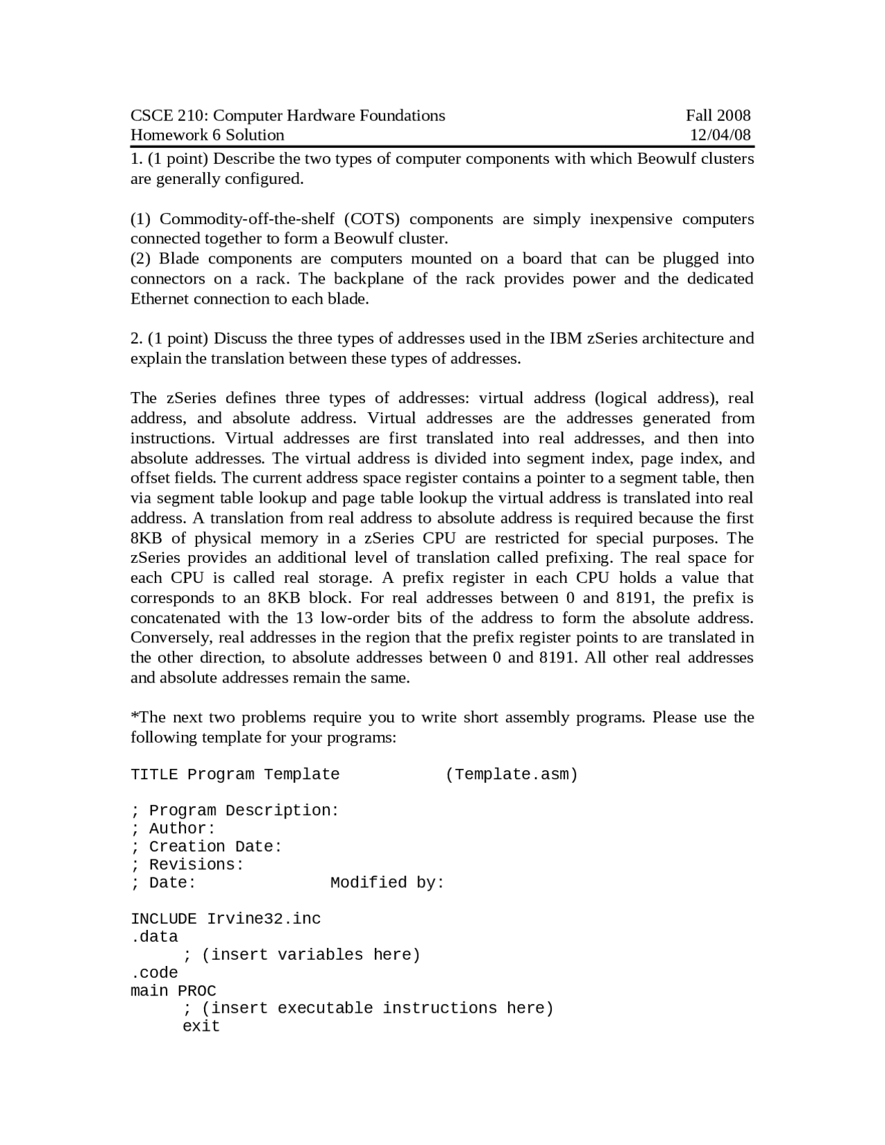 Homework 6 Solutions Computer Hardware Foundations Csce 210 Docsity
