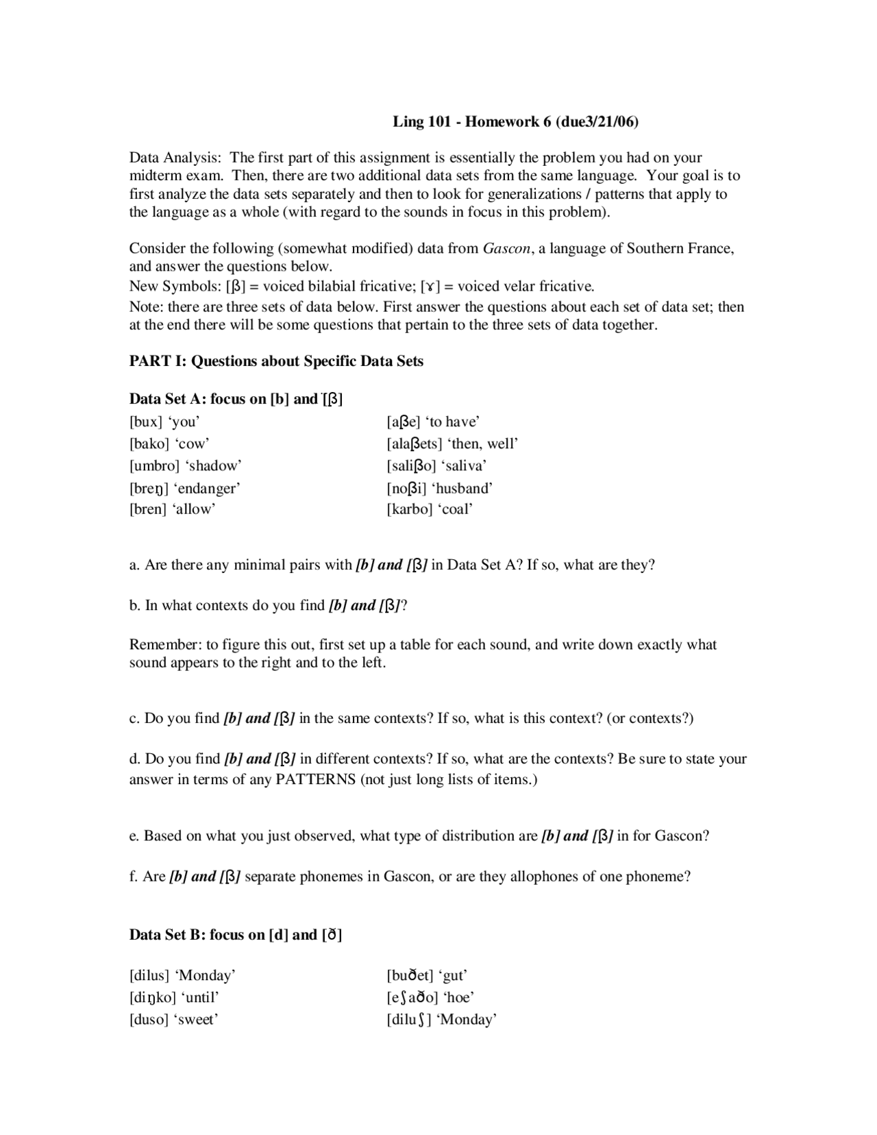 Specific Data Sets Introduction To Linguistics I Homework 6 Ling