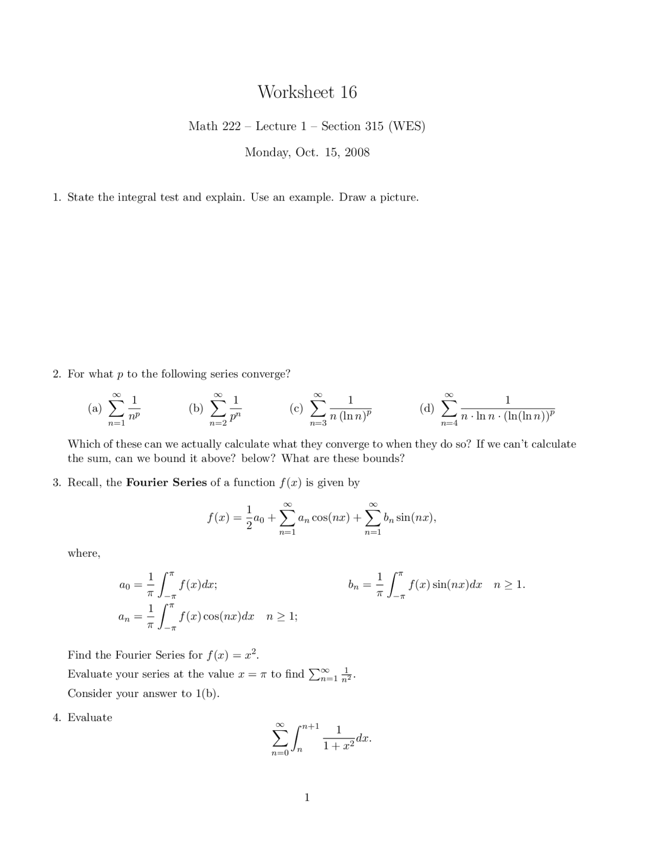 Worksheet 16 For Calculus And Analytical Geometry Math 222 Docsity