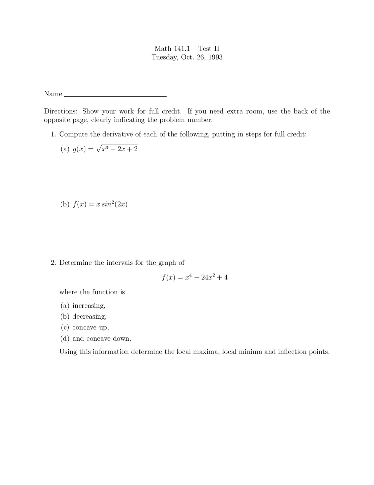 6 Questions Test 2 - Calculus I | MATH 141 | Exams Mathematics | Docsity