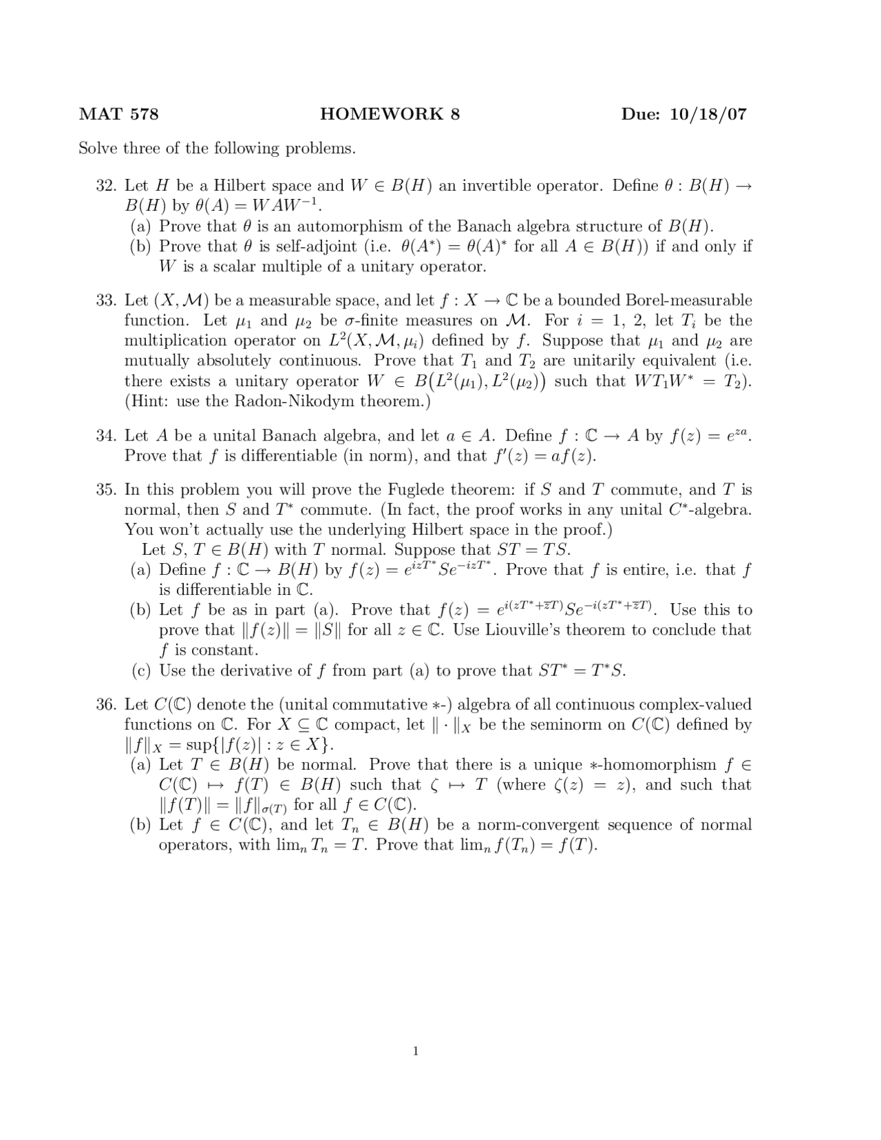 Functional Analysis Assignment 8 Questions Mat 578 Docsity
