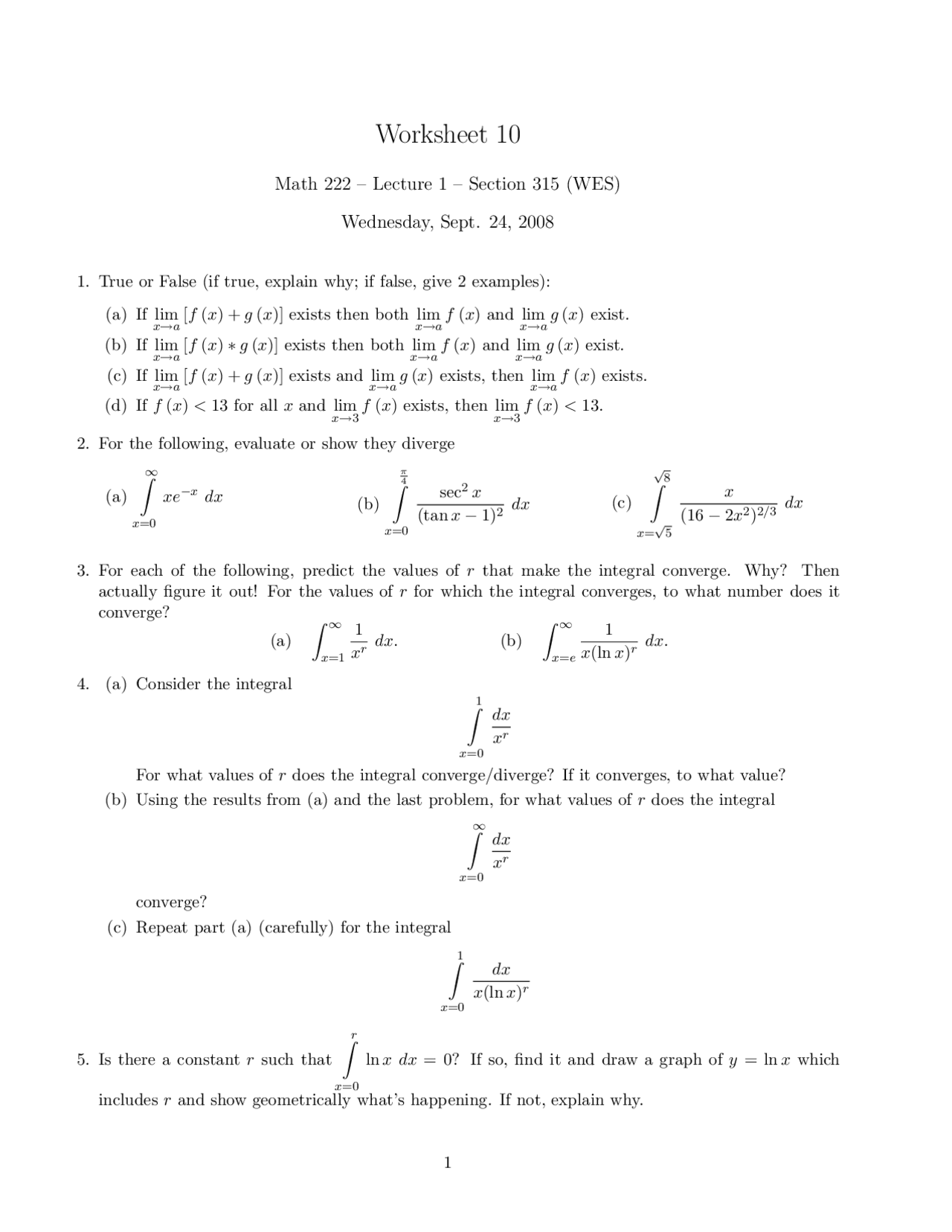 Worksheet 10 Calculus And Analytic Geometry Math 222 Docsity