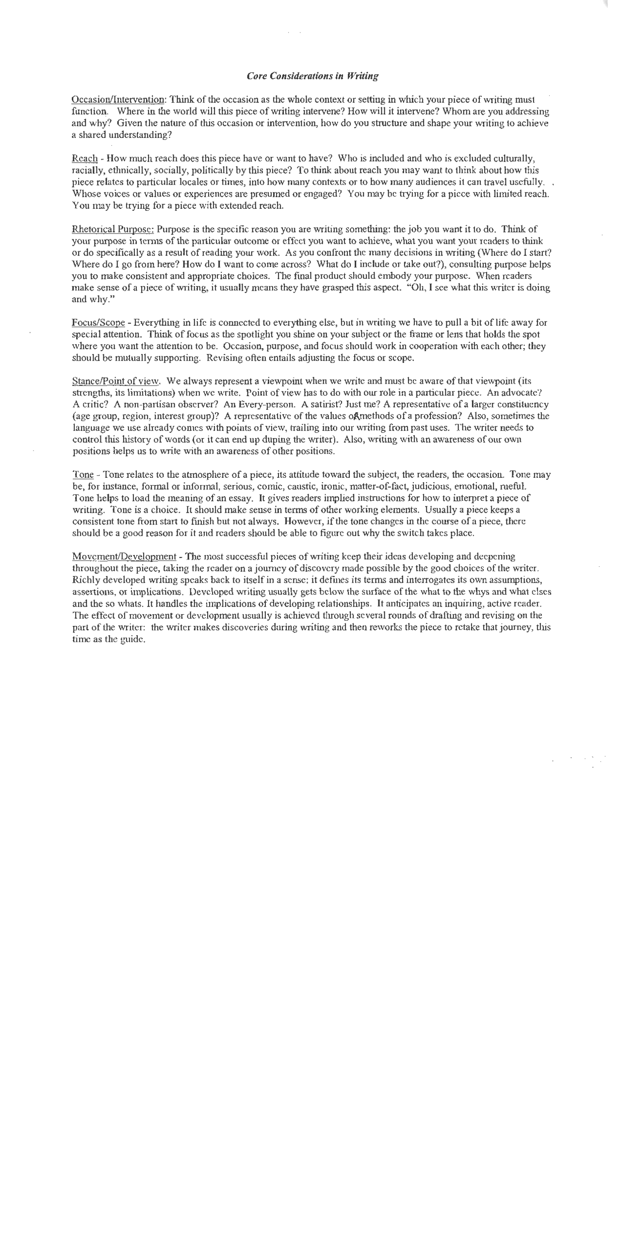 Core Considerations In Writing Lecture Notes English 201 Docsity