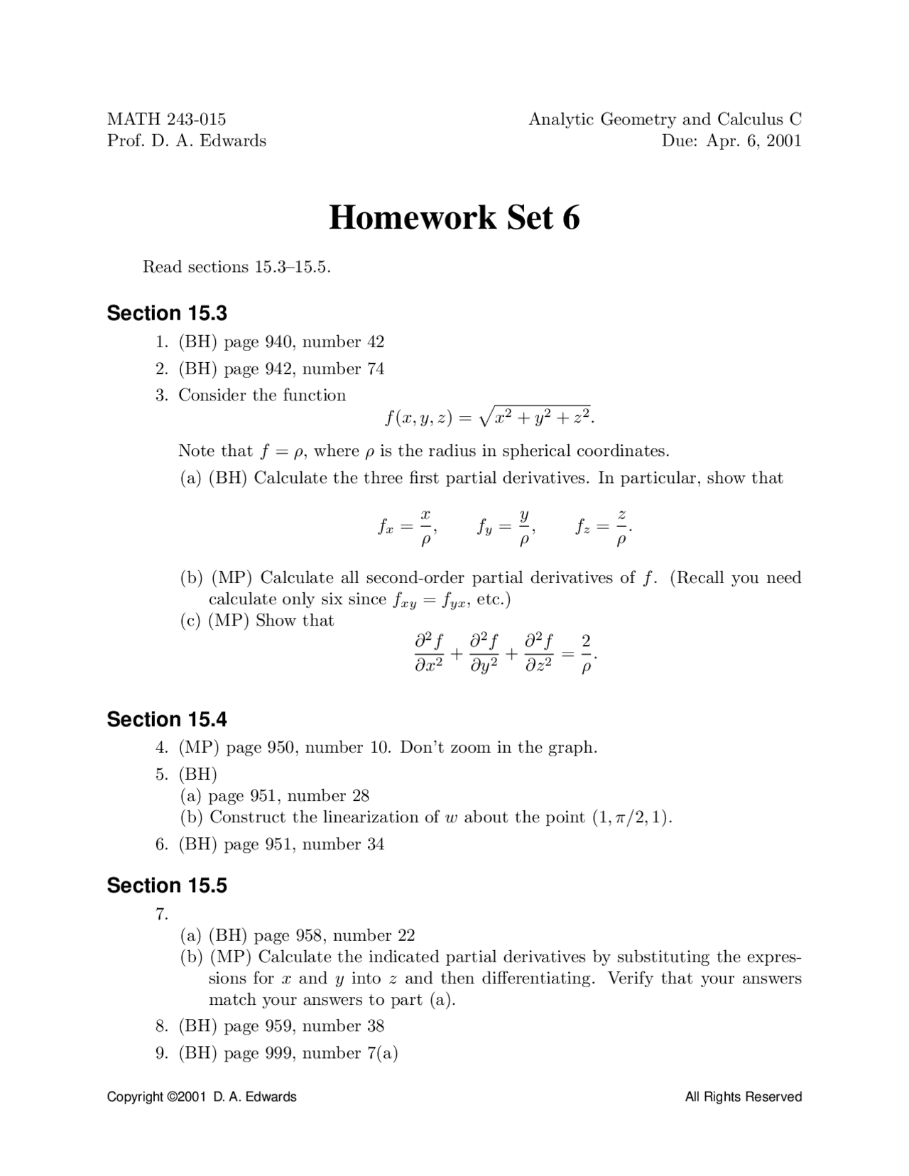 Assignment 6 Problems Analytic Geometry And Calculus C Math 243 Assignments Analytical