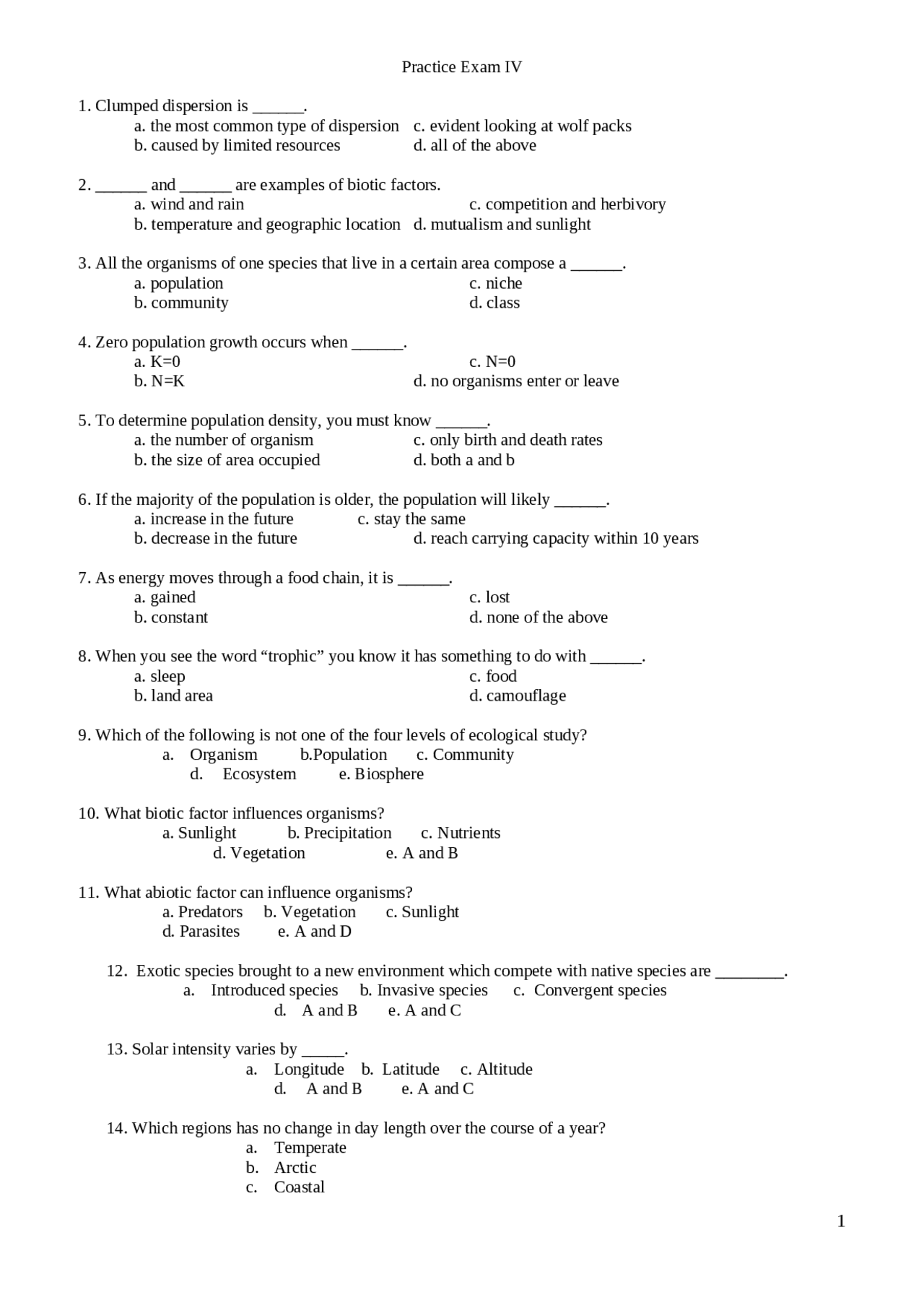 Practice Exam IV - Principles of Biology I | BIOL 211 - Docsity