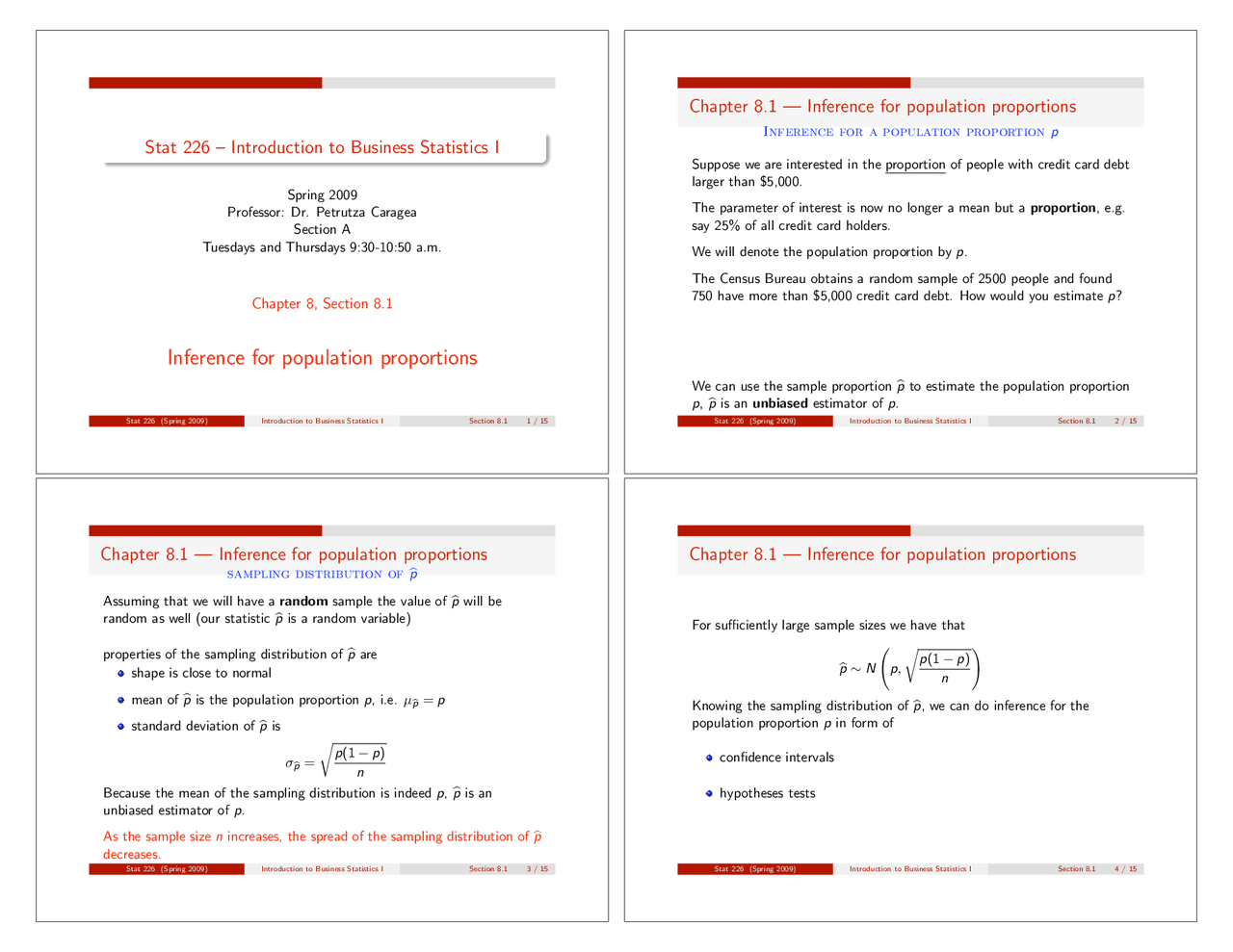 Inference For Population Proportions Lecture Slides Stat 226 Docsity