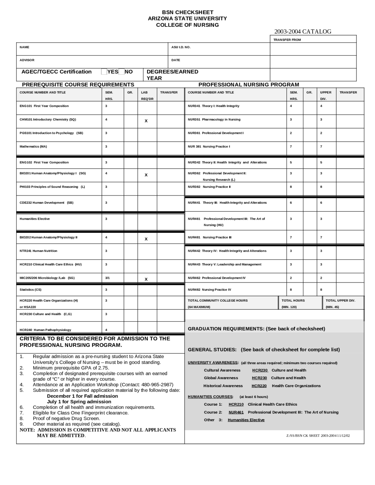 BSN Checksheet - First-Year Composition | ENG 101 - Docsity